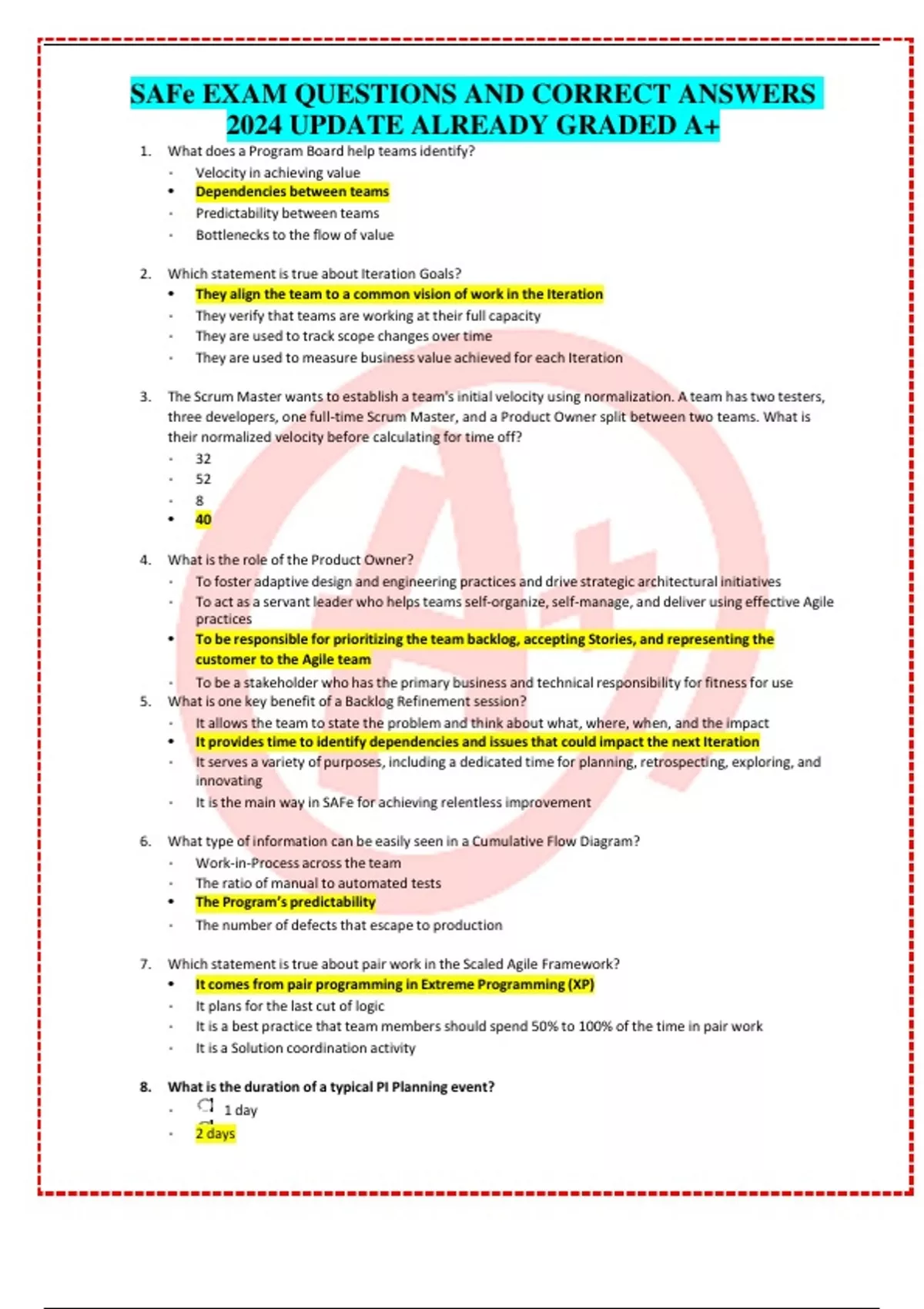 SAFe Scrum Master Exam 2024 Update - SAFe Scrum - Stuvia US
