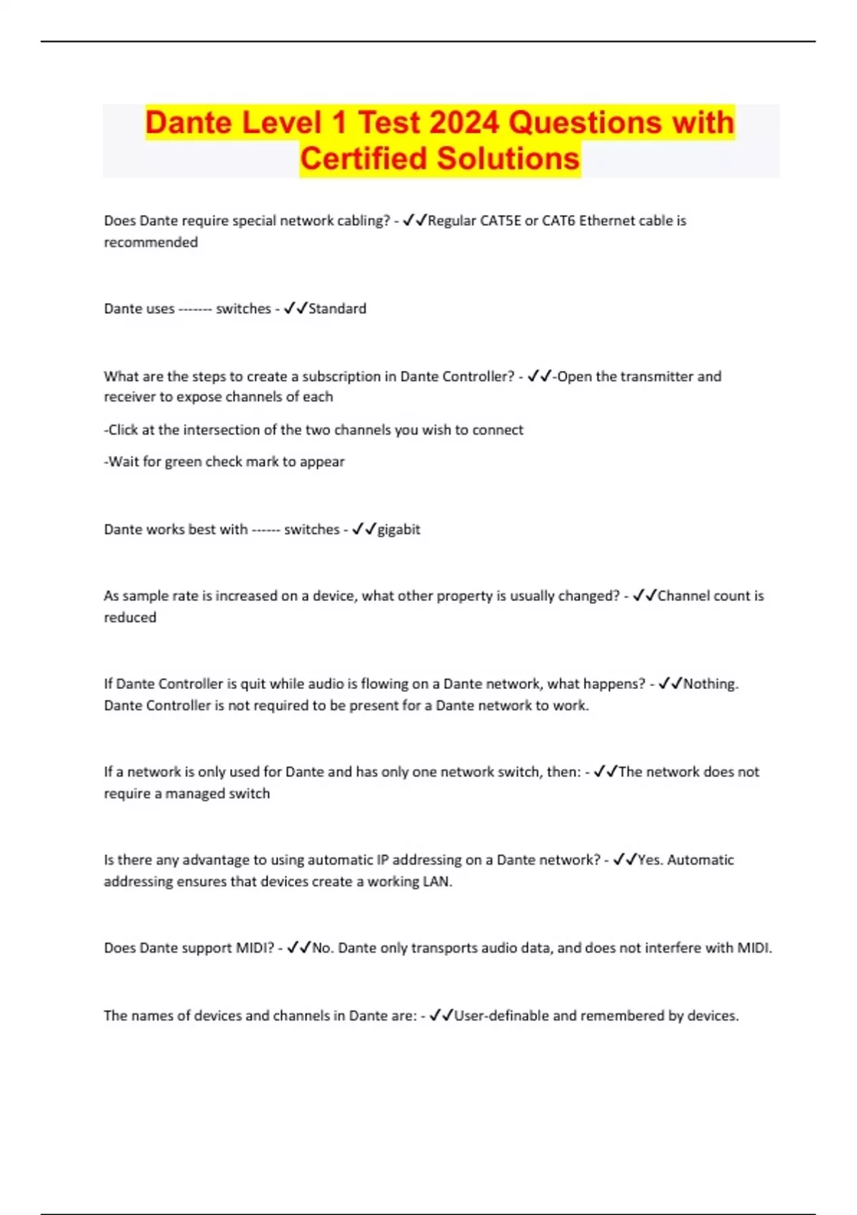 Dante Level 1 Test 2024 Questions with Certified Solutions - Dante ...