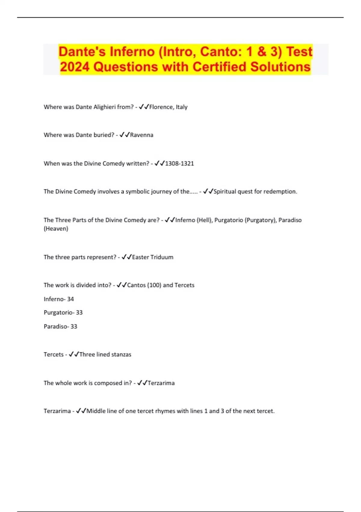 Dante's Inferno (Intro, Canto: 1 & 3) Test 2024 Questions with ...