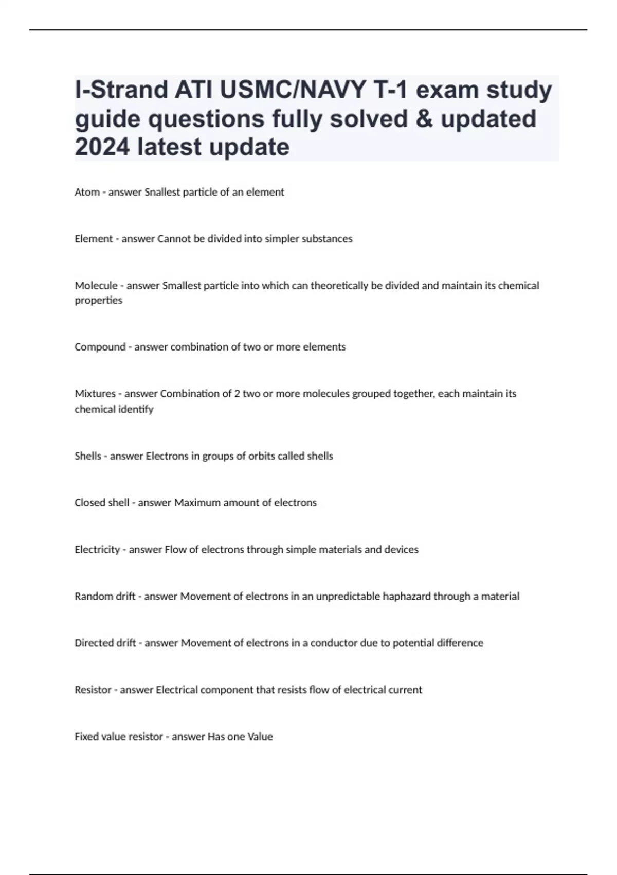 I-Strand ATI USMC NAVY T-1 exam study guide questions fully solved ...