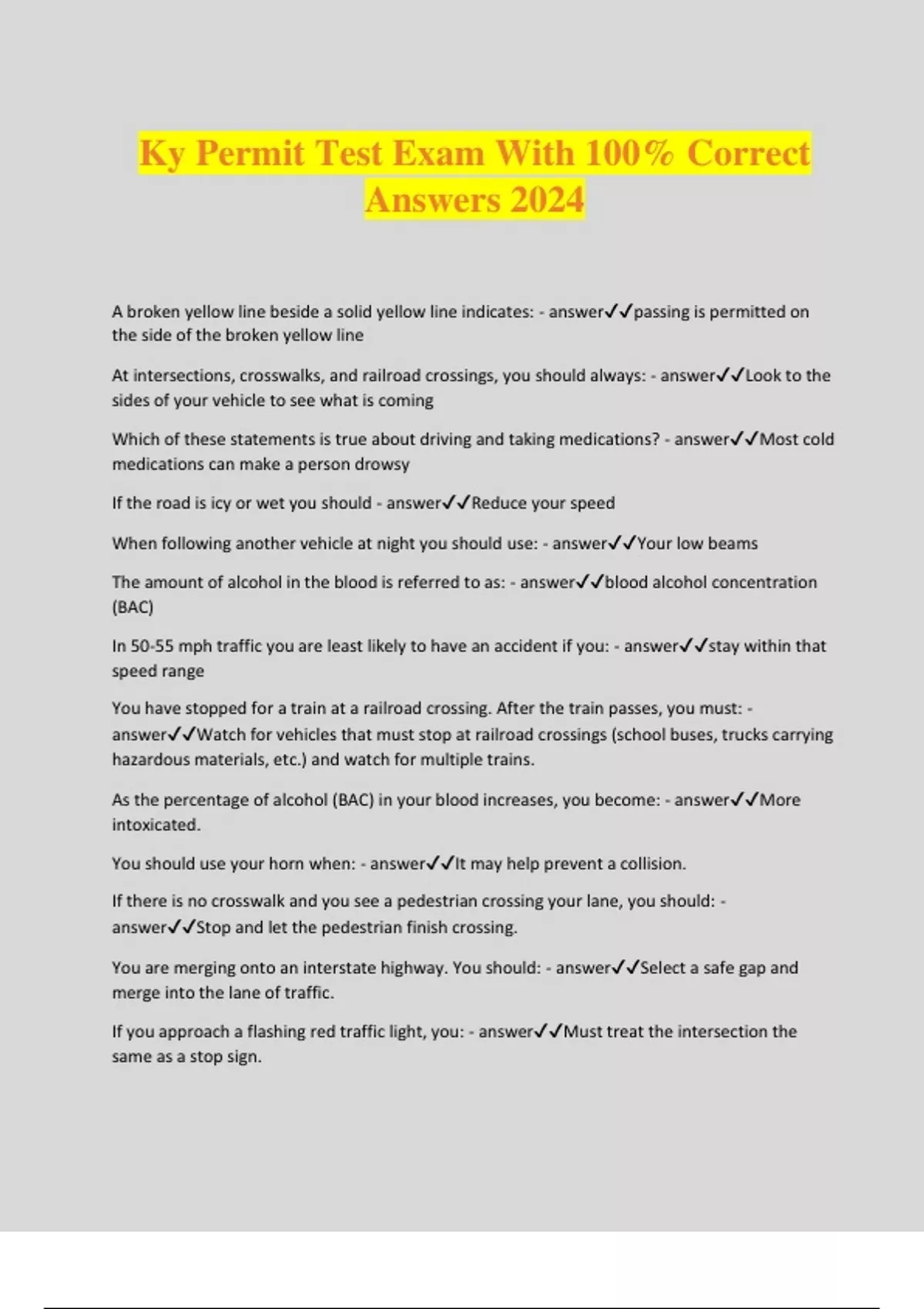 Ky Permit Test Exam With 100% Correct Answers 2024 - KY Permit - Stuvia US