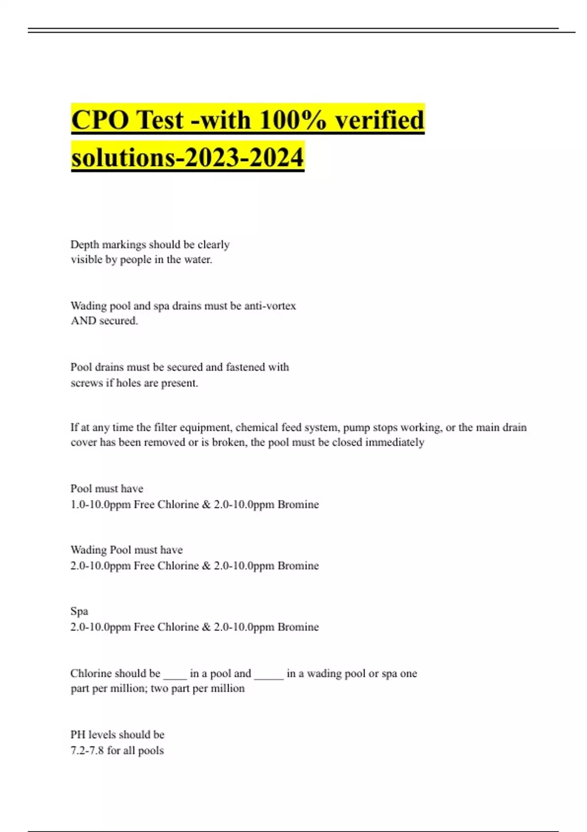 CPO Test -with 100% verified solutions- - Advance nursing - Stuvia US