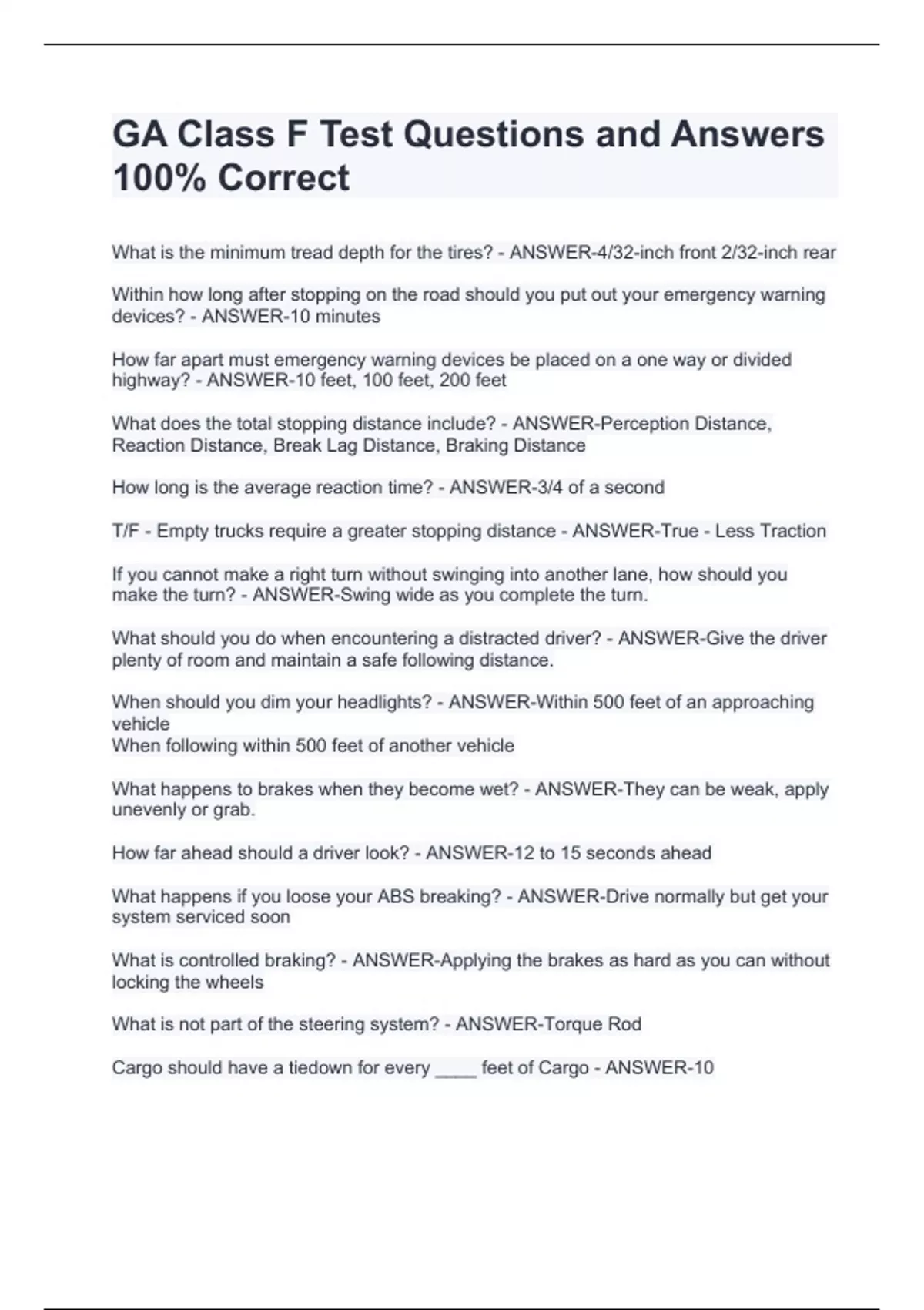 GA Class F Test Questions and Answers 100% Correct - GA Class F - Stuvia US