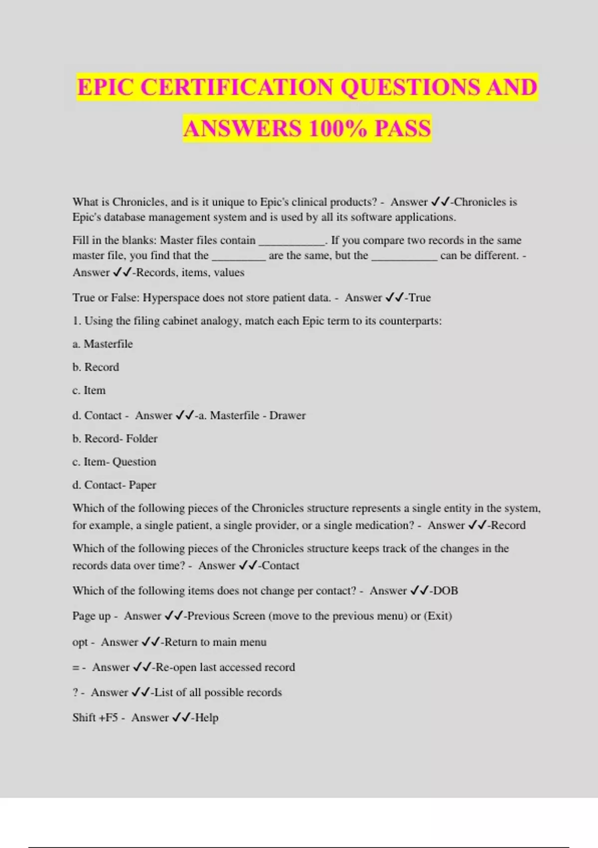 EPIC CERTIFICATION QUESTIONS AND ANSWERS 100% PASS - Epic - Stuvia US