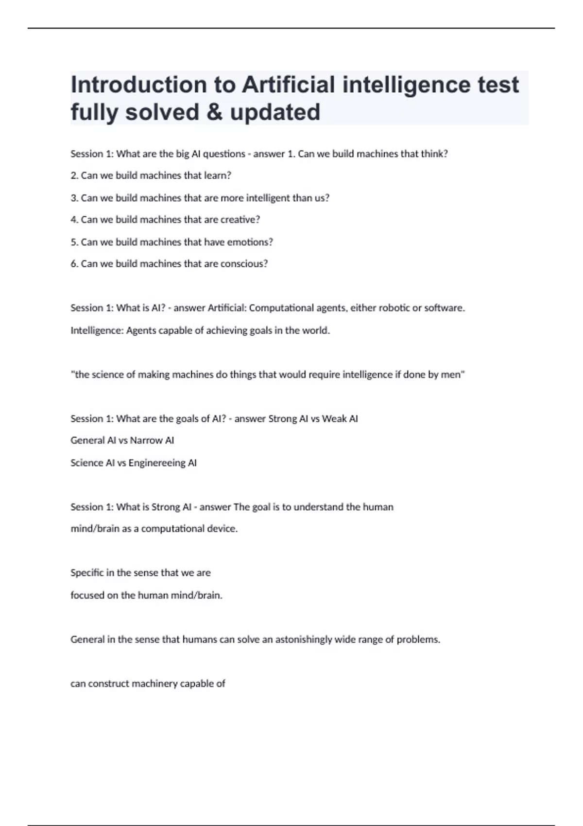 Introduction to Artificial intelligence test fully solved & updated ...