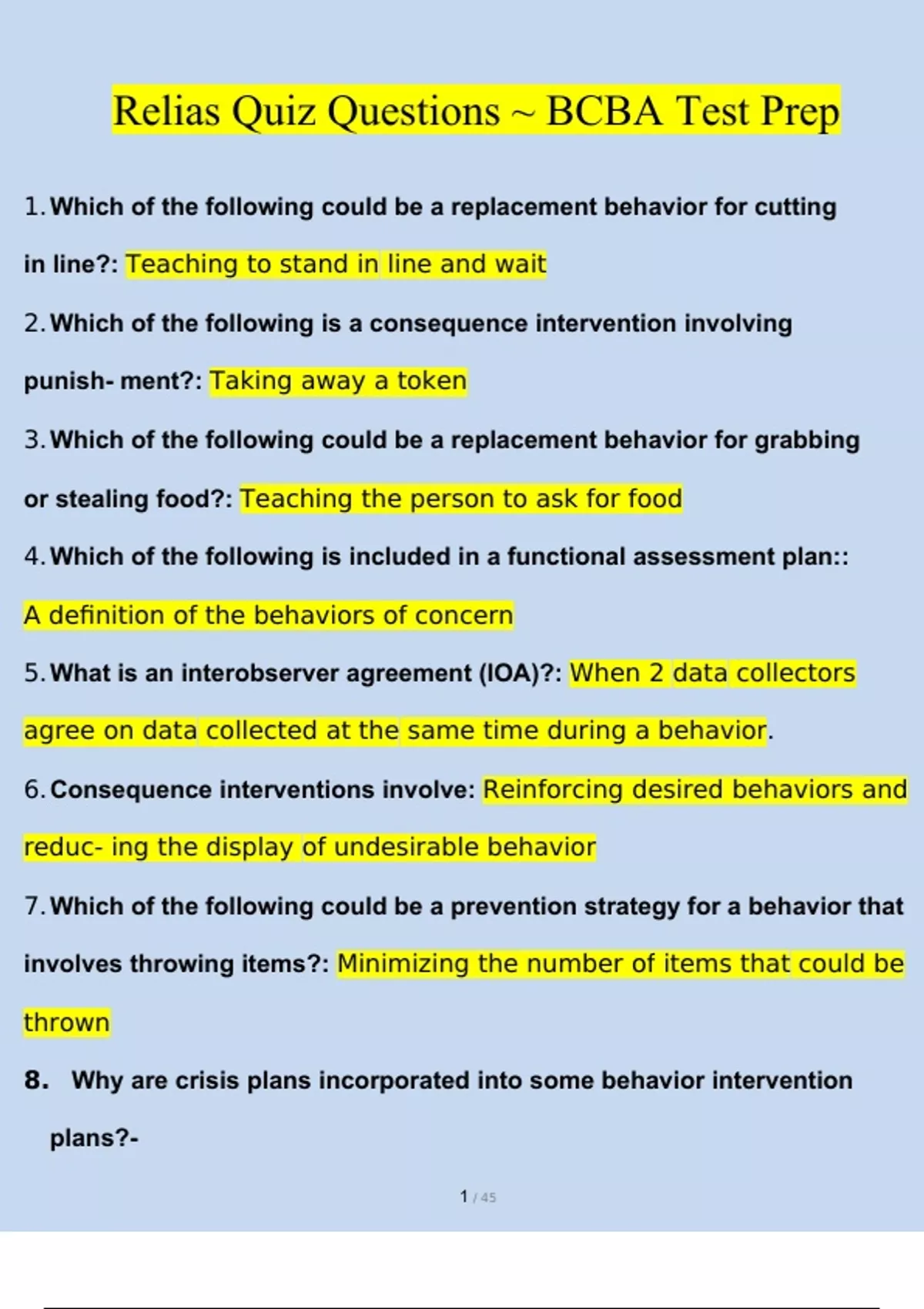 Relias Quiz Questions ~ BCBA Test Prep Questions and Answers (2024 / ...
