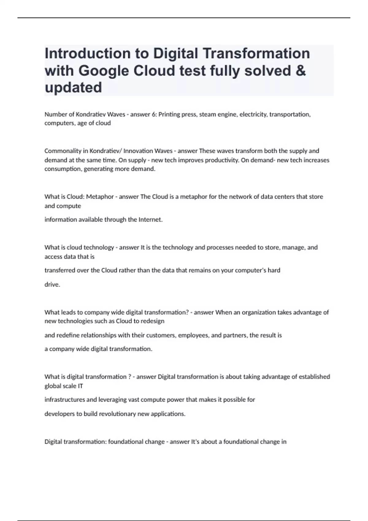 Introduction to Digital Transformation with Google Cloud test fully ...