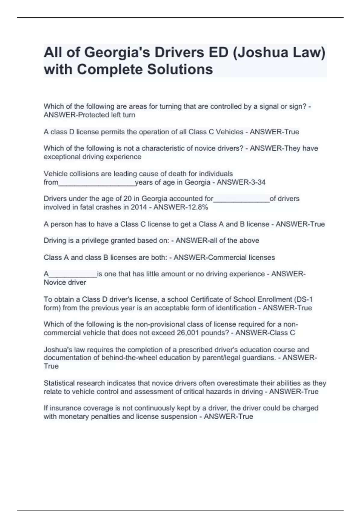 All of Georgia's Drivers ED (Joshua Law) with Complete Solutions - All of Georgia\'s Drivers ED ...