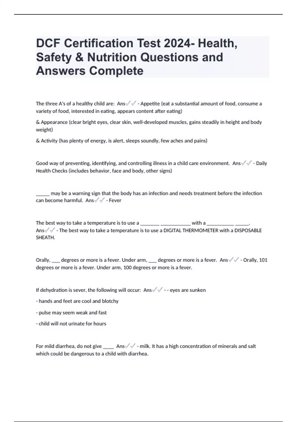 DCF Certification Test 2024- Health, Safety & Nutrition Questions and ...