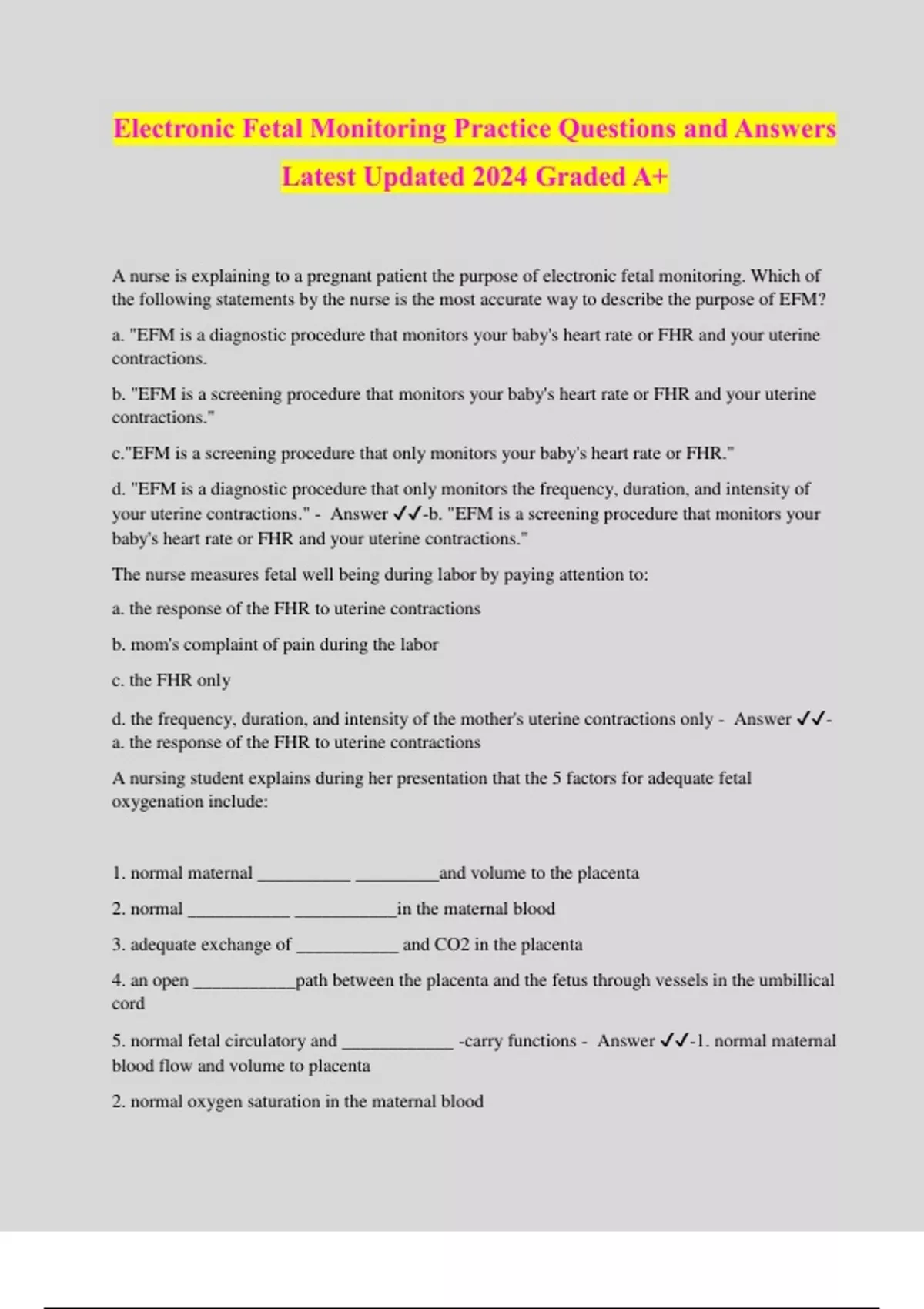 Electronic Fetal Monitoring Practice Questions and Answers Latest ...