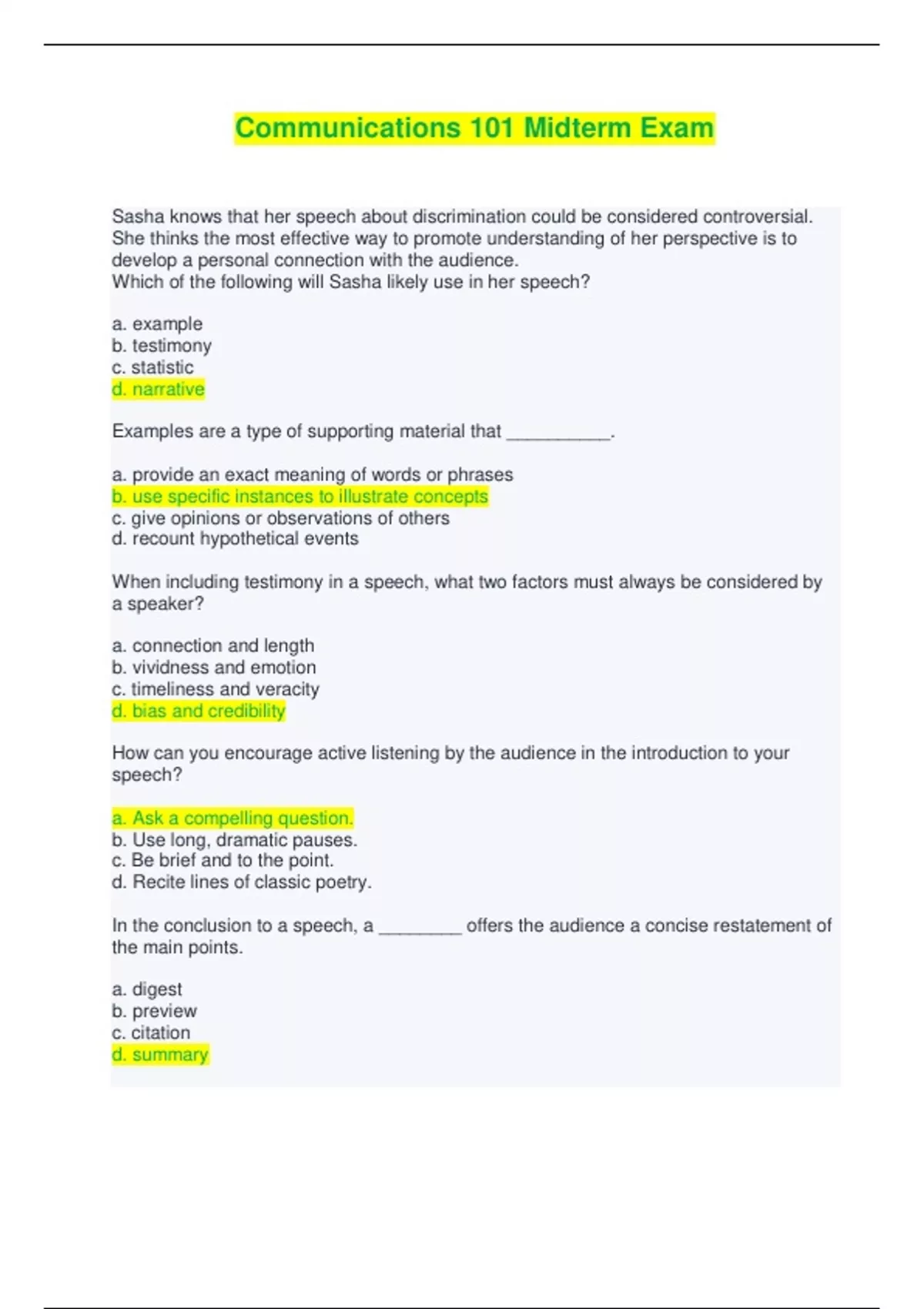 Communications 101 Midterm Exam - Questions and Answers - Communications 101 - Stuvia US