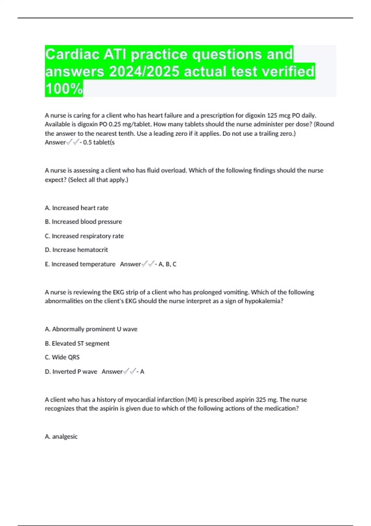 Cardiac ATI practice questions and answers 2024/2025 actual test ...