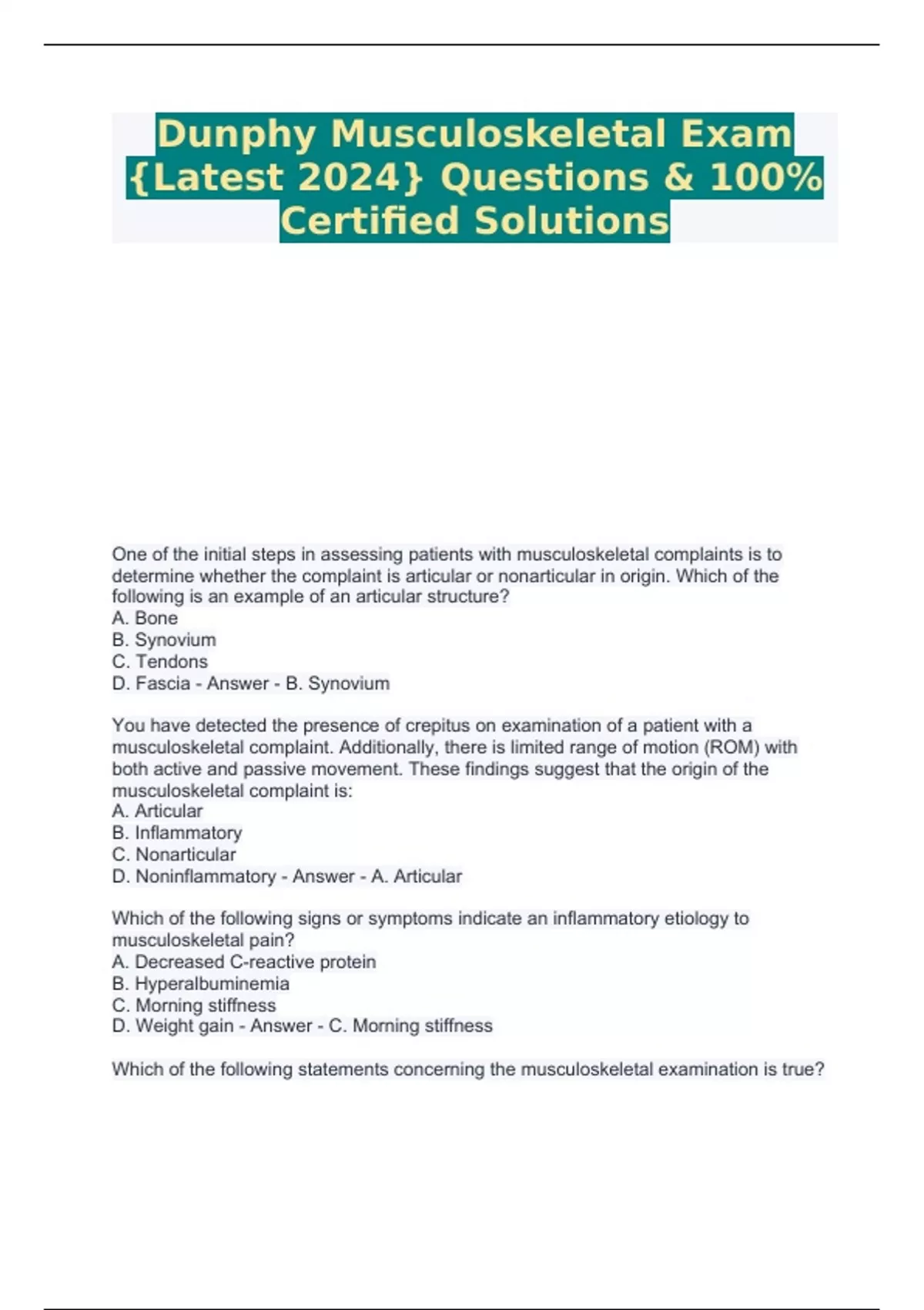 Dunphy Musculoskeletal Exam {Latest 2024} Questions & 100% Certified ...