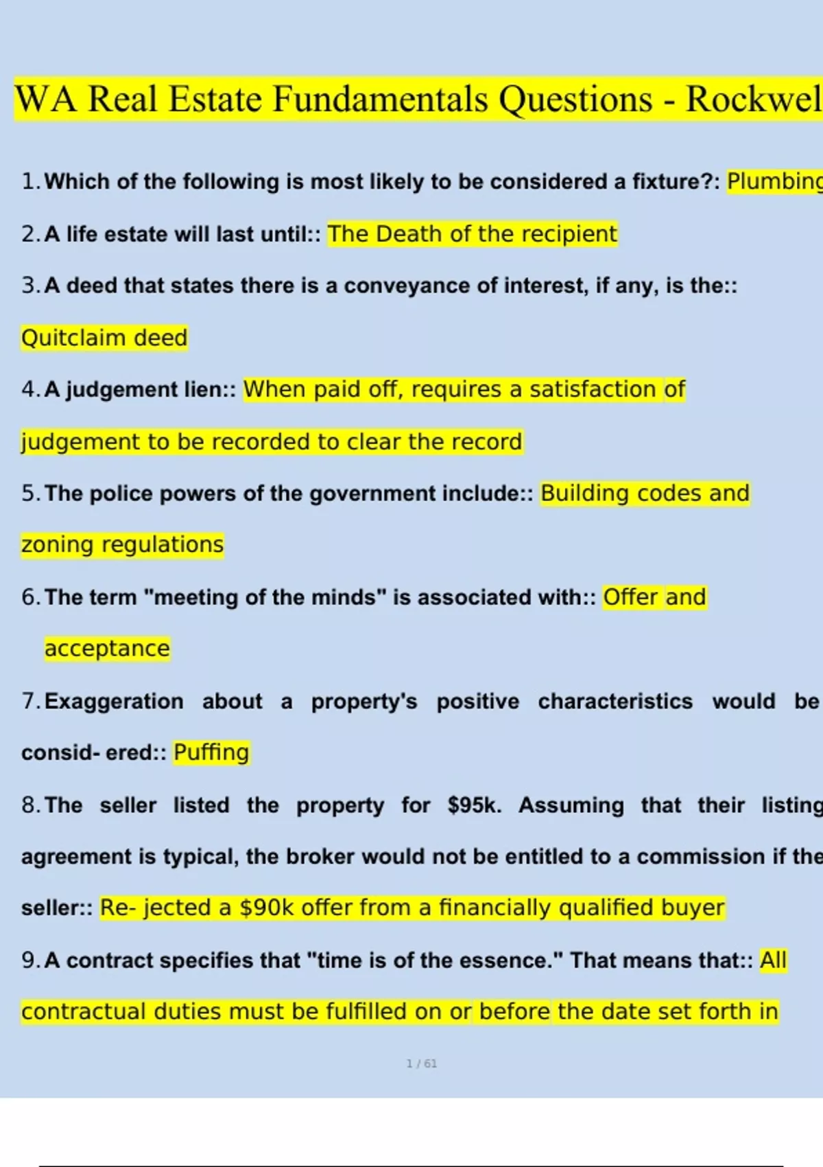 Washington Real Estate Fundamentals Rockwell 2025 Questions and Answers ...