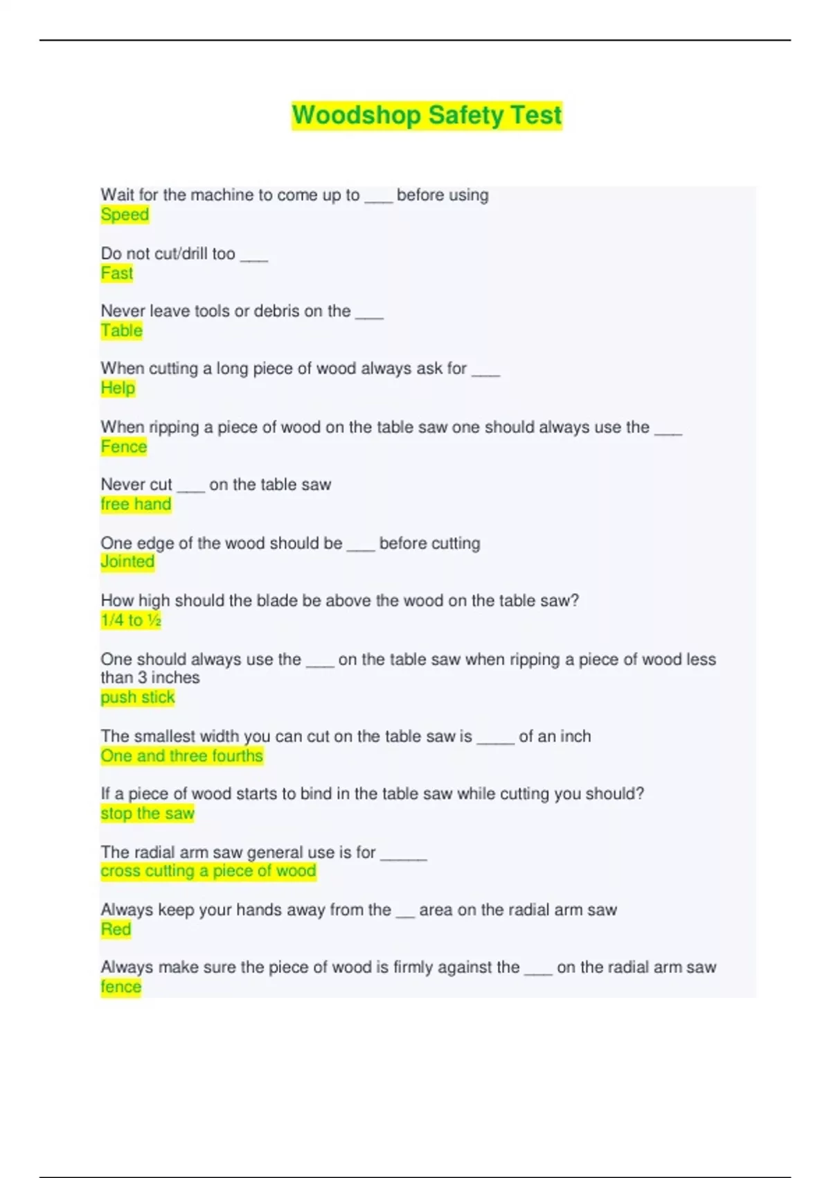 Woodshop Safety Test - Questions and Answers - Woodshop Safety - Stuvia US