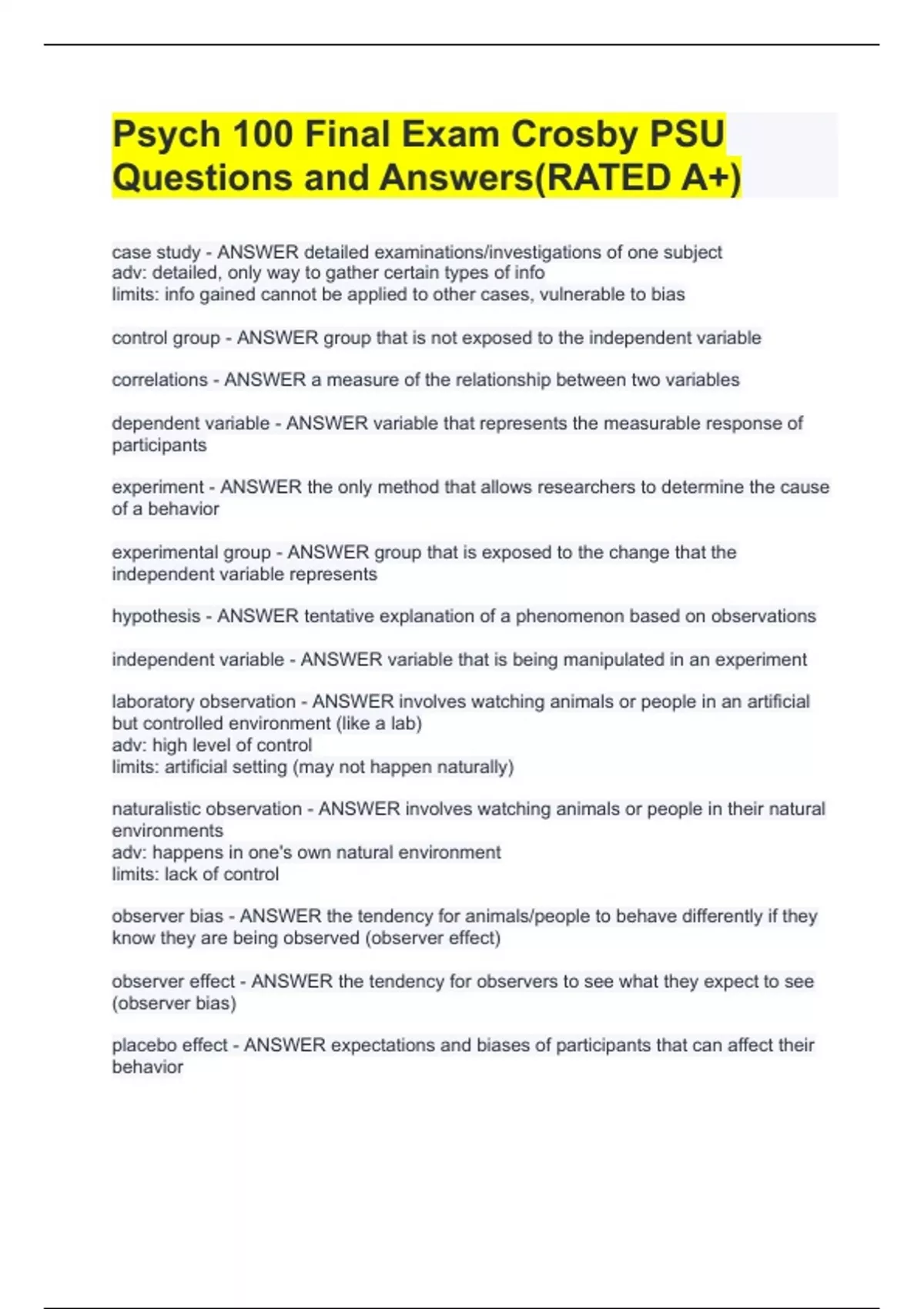 PSYCH 100 Final EXAM BUNDLE(COMPLETE PACKAGE)(PSU Crosby) 3-4(Latest ...