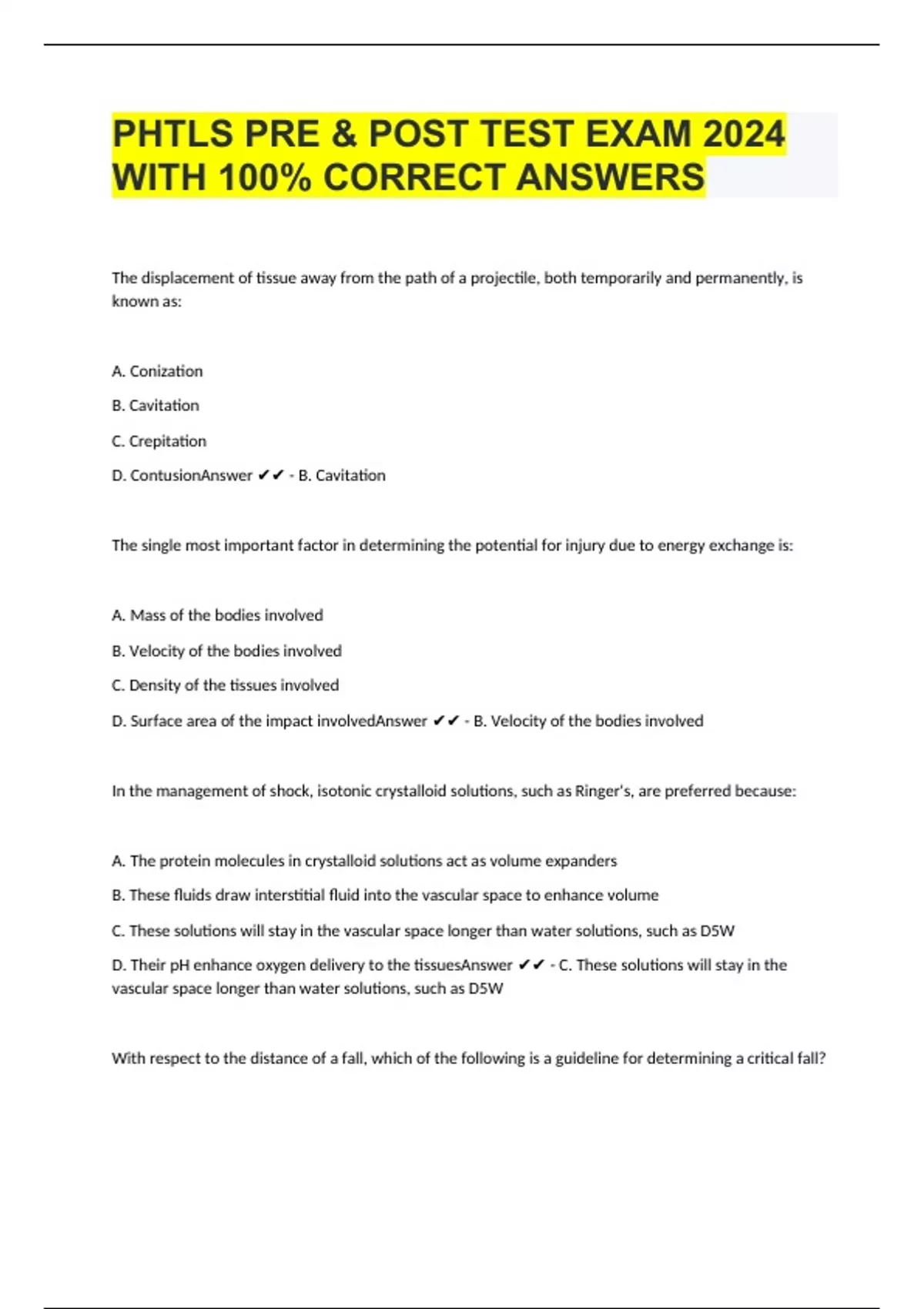PHTLS PRE & POST TEST EXAM 2024 WITH 100% CORRECT ANSWERS - PHTLS ...
