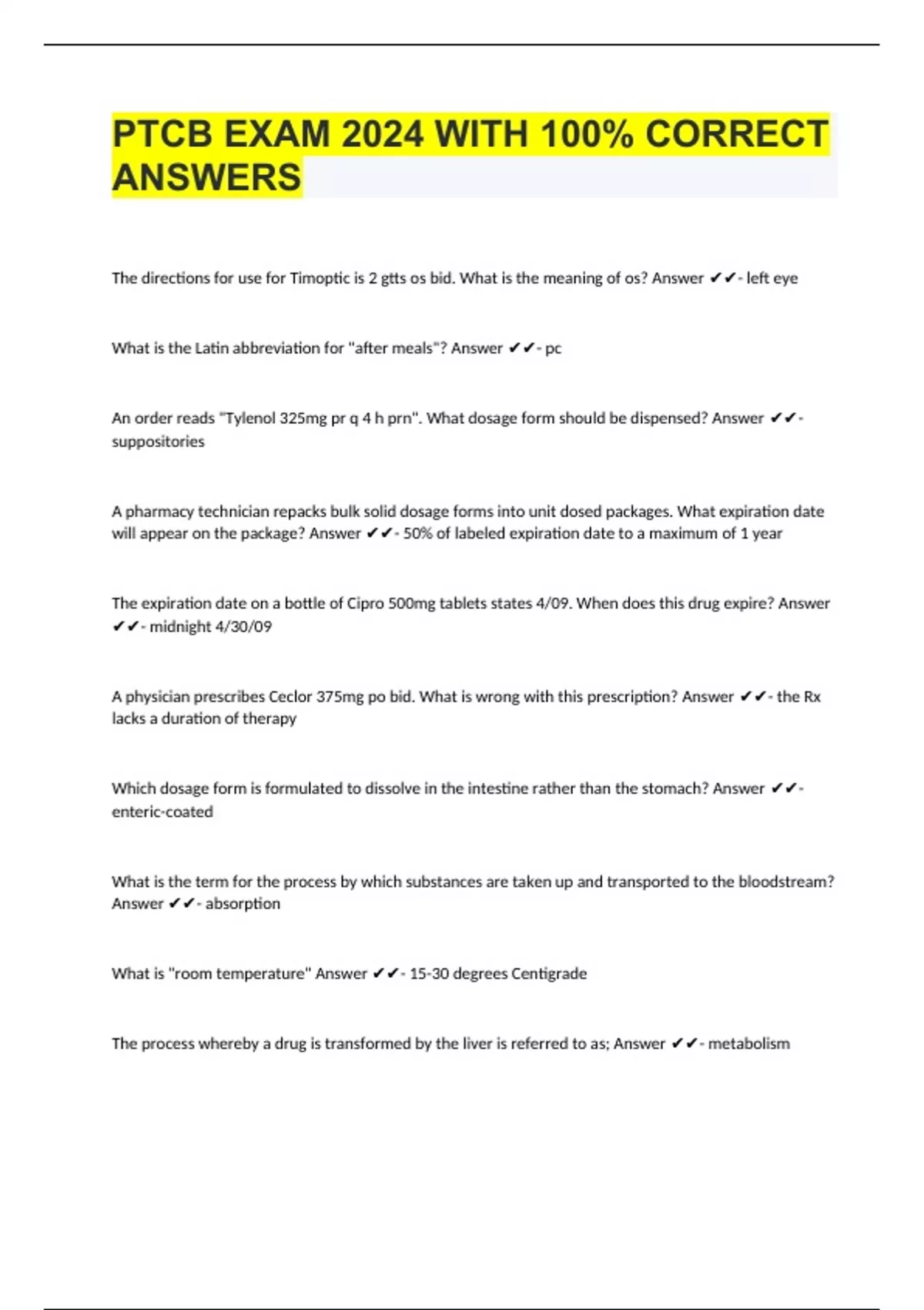 PTCB EXAM 2022/2023/2024 BUNDLE WITH SOLUTIONS - Stuvia US