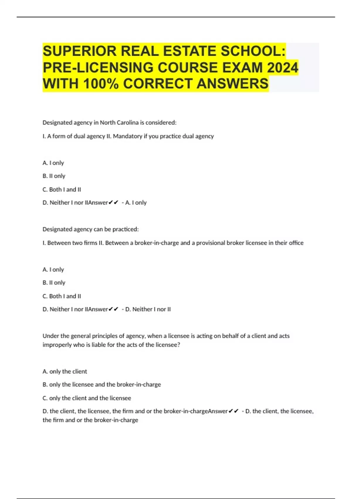SUPERIOR REAL ESTATE SCHOOL: PRE-LICENSING COURSE EXAM 2024 WITH 100% ...