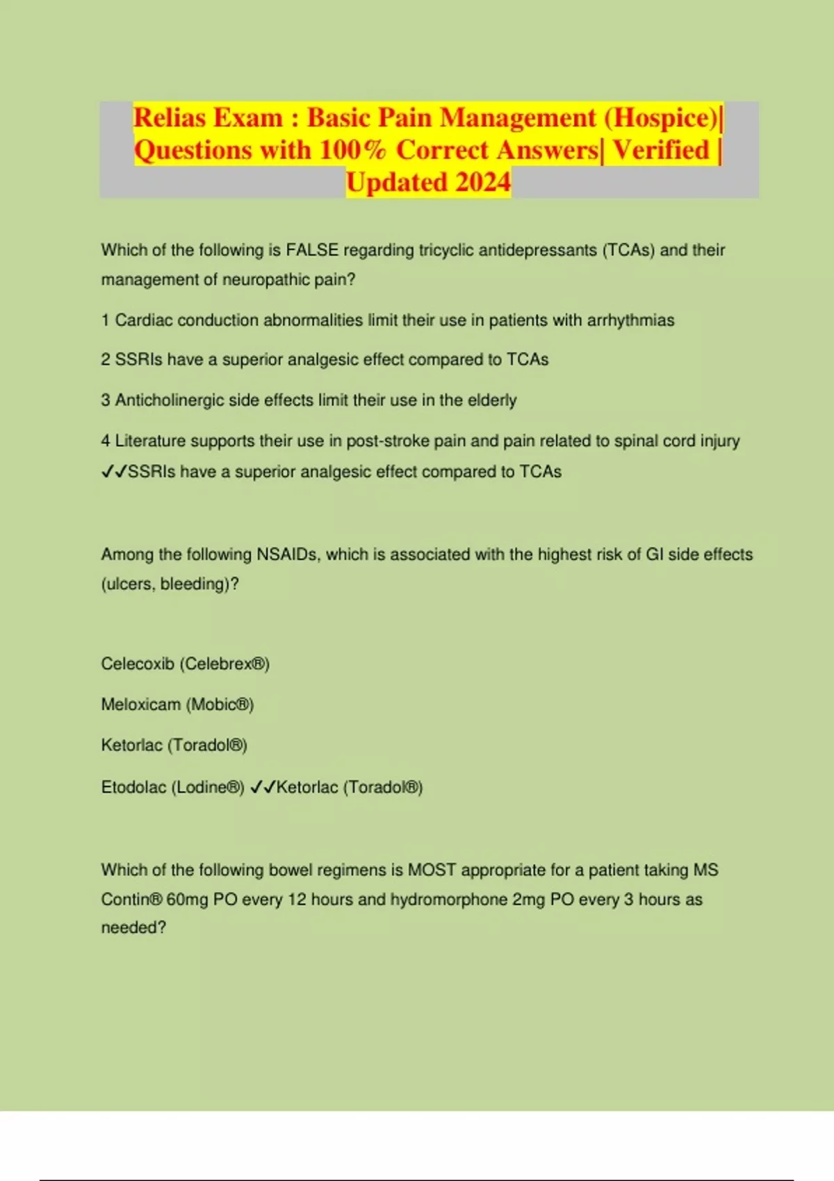 Relias Exam : Basic Pain Management (Hospice)| Questions with 100% ...