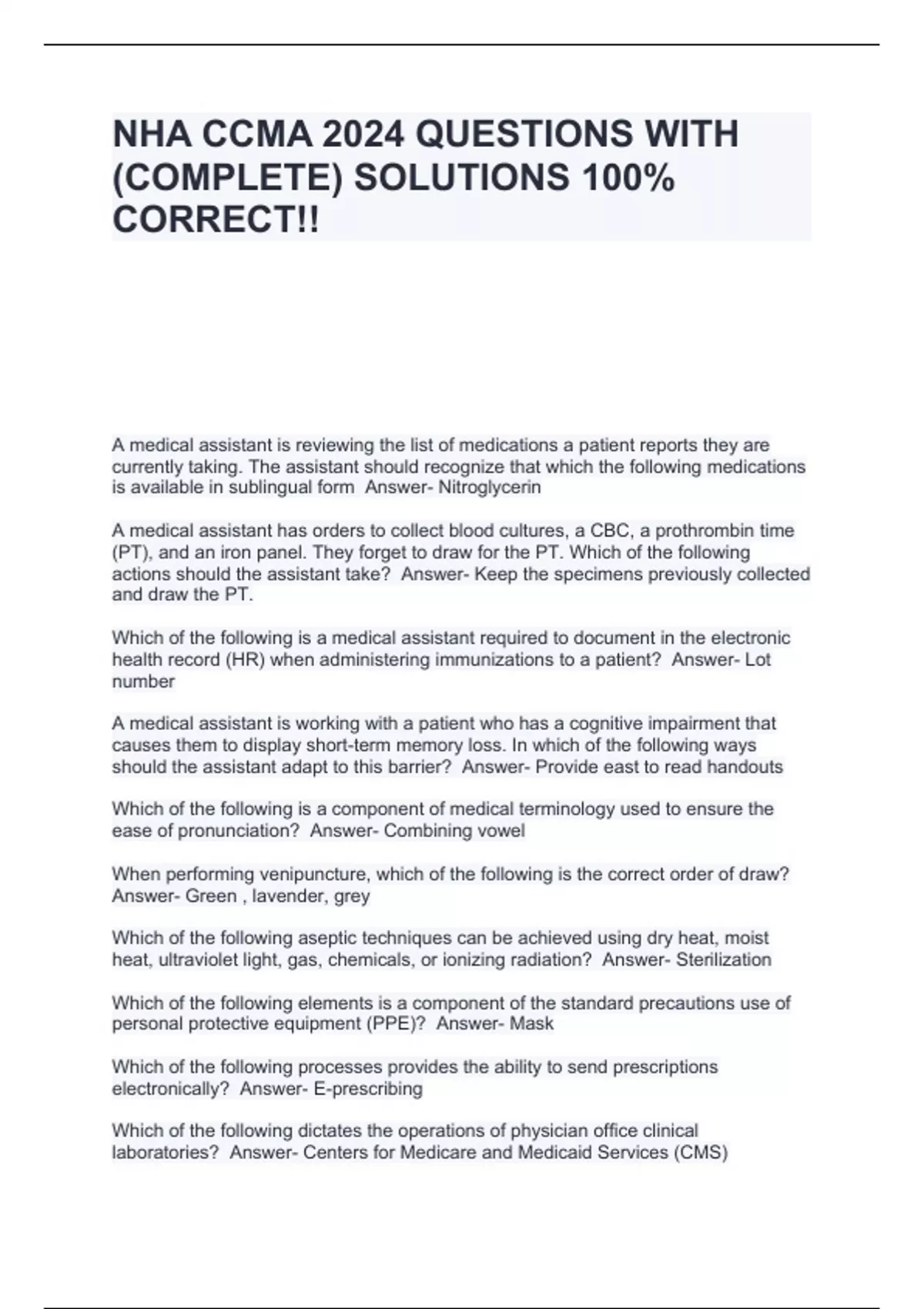 NHA CCMA 2024 QUESTIONS WITH (COMPLETE) SOLUTIONS 100% CORRECT!! - NHA ...