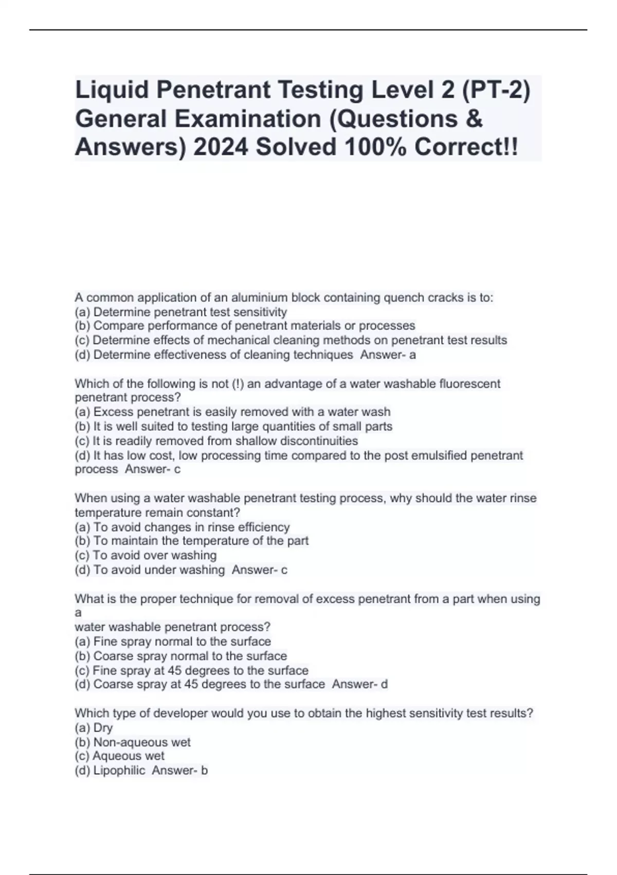 Liquid Penetrant Testing Level 2 (PT-2) General Examination (Questions ...