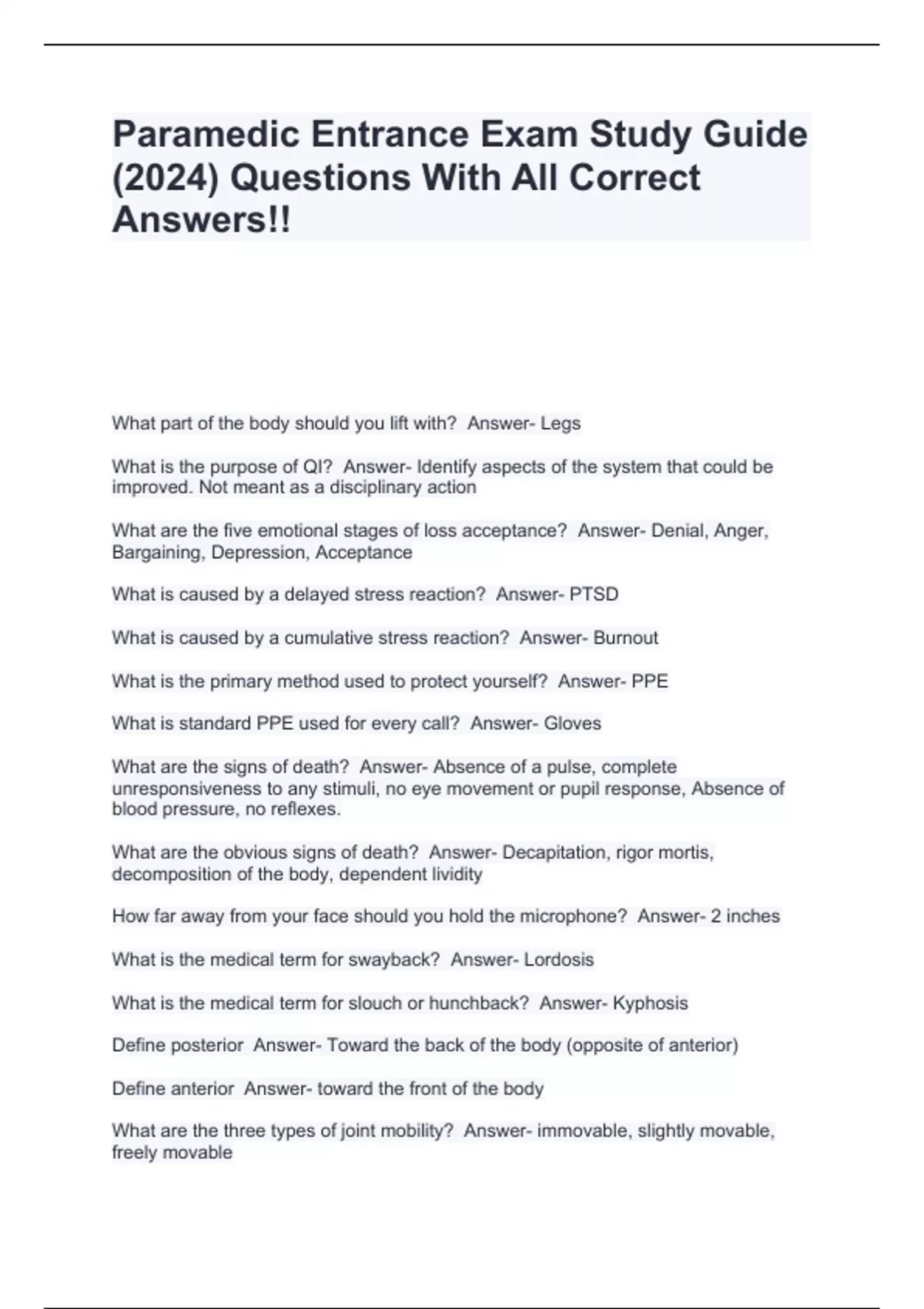 Paramedic Entrance Exam Study Guide (2024) Questions With All Correct ...