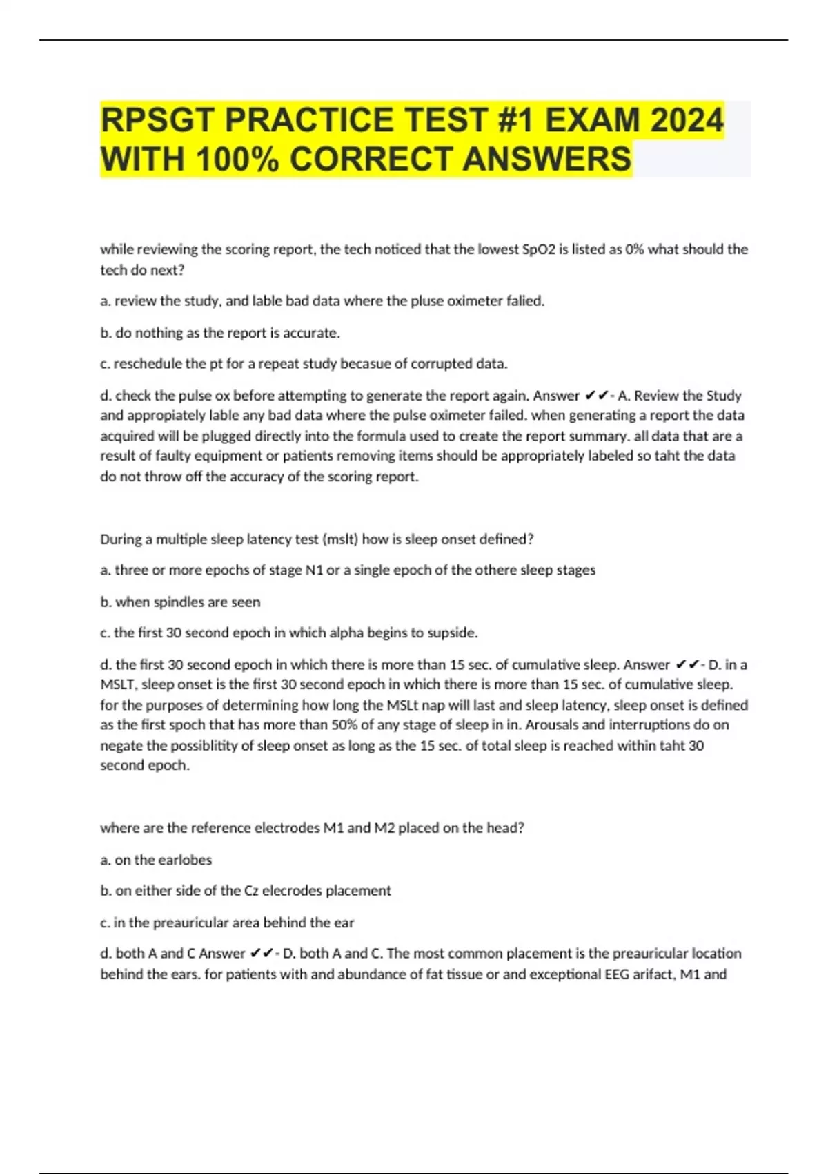 RPSGT PRACTICE TEST #1 EXAM 2024 WITH 100% CORRECT ANSWERS - RPSGT ...