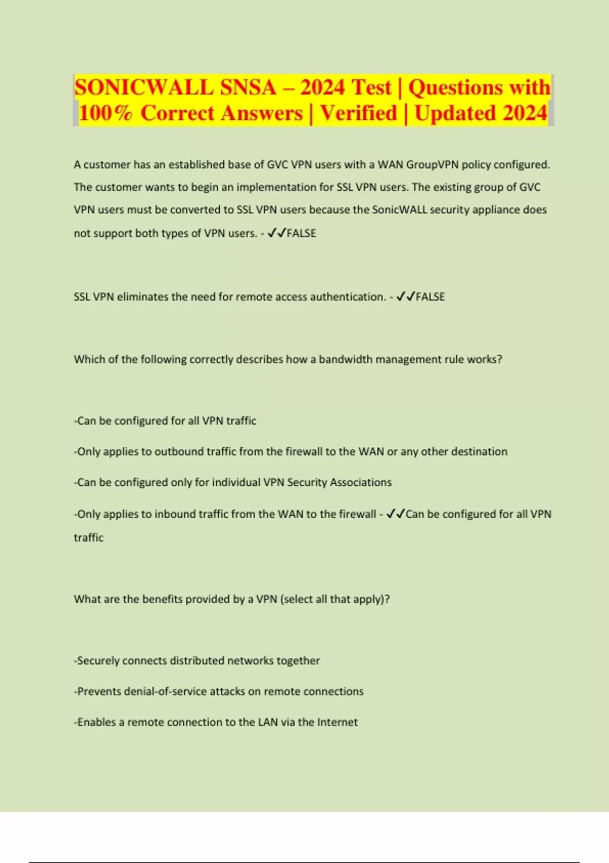 SONICWALL SNSA – 2024 Test | Questions with 100% Correct Answers ...
