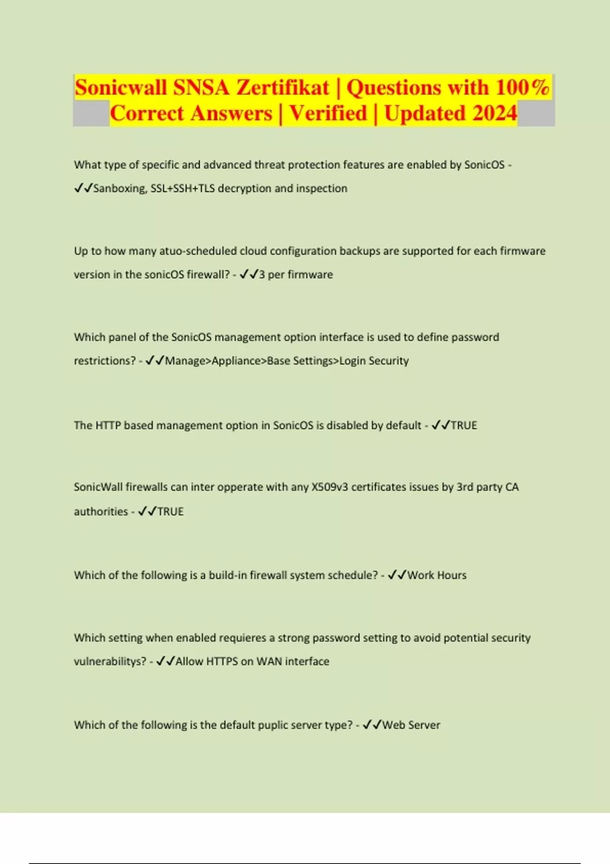 Sonicwall SNSA Zertifikat | Questions with 100% Correct Answers ...
