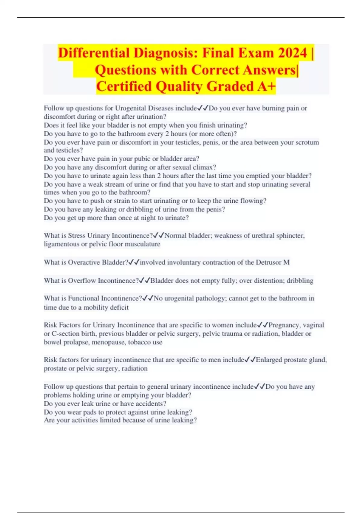 Differential Diagnosis: Final Exam 2024 | Questions with Correct ...