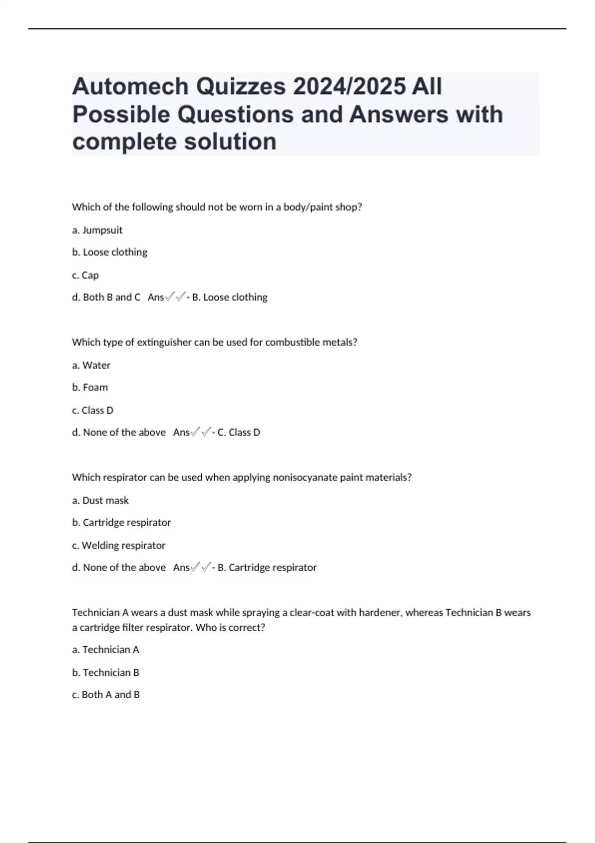 Automech Quizzes 2024/2025 All Possible Questions and Answers with ...