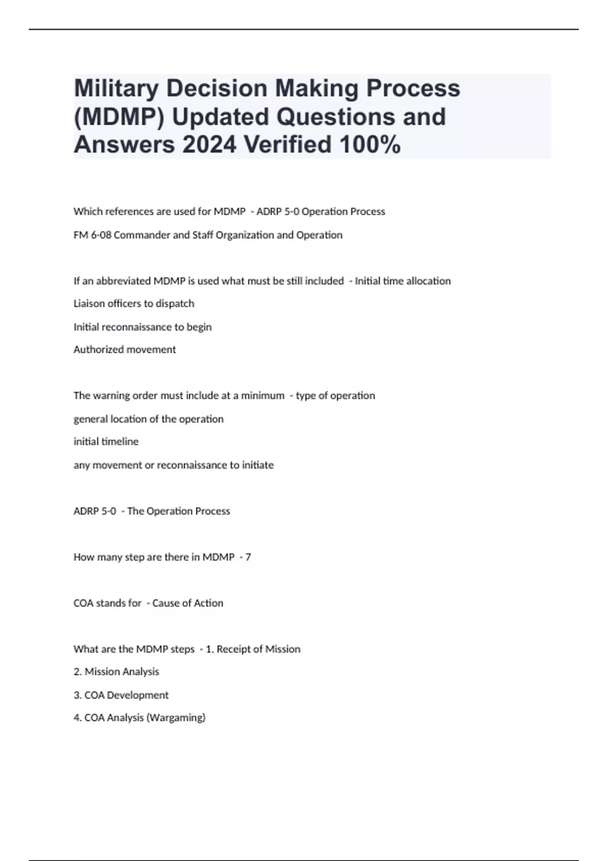 Military Decision Making Process (MDMP) Updated Questions and Answers 2024 Verified 100% ...