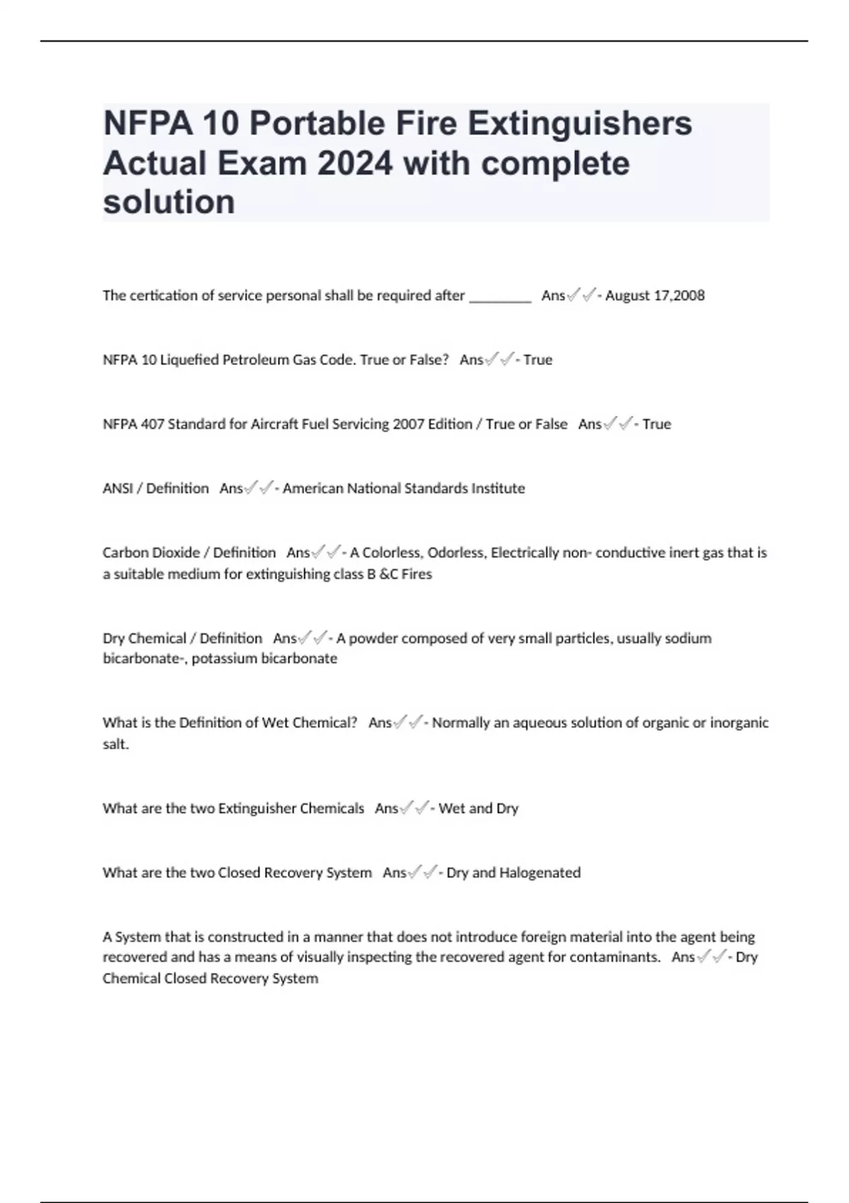 NFPA 10 Portable Fire Extinguishers Actual Exam 2024 with complete ...