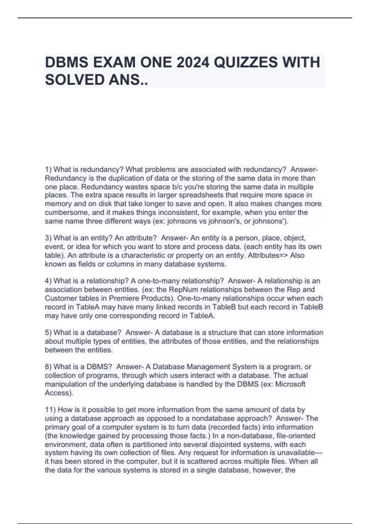 DBMS EXAM ONE 2024 QUIZZES WITH SOLVED ANS.. - DBMS - Stuvia US