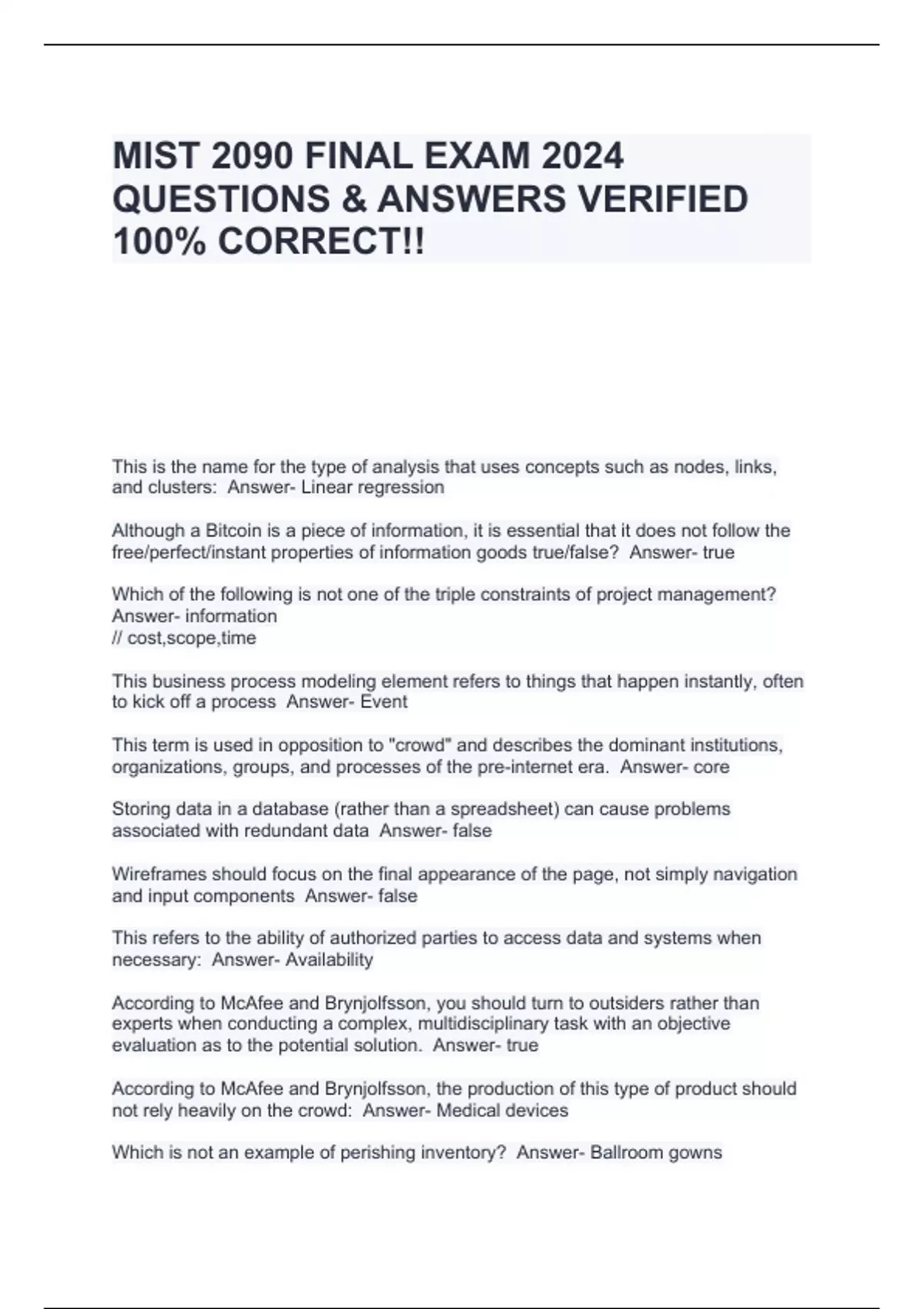 MIST 2090 FINAL EXAM 2024 QUESTIONS & ANSWERS VERIFIED 100% CORRECT ...