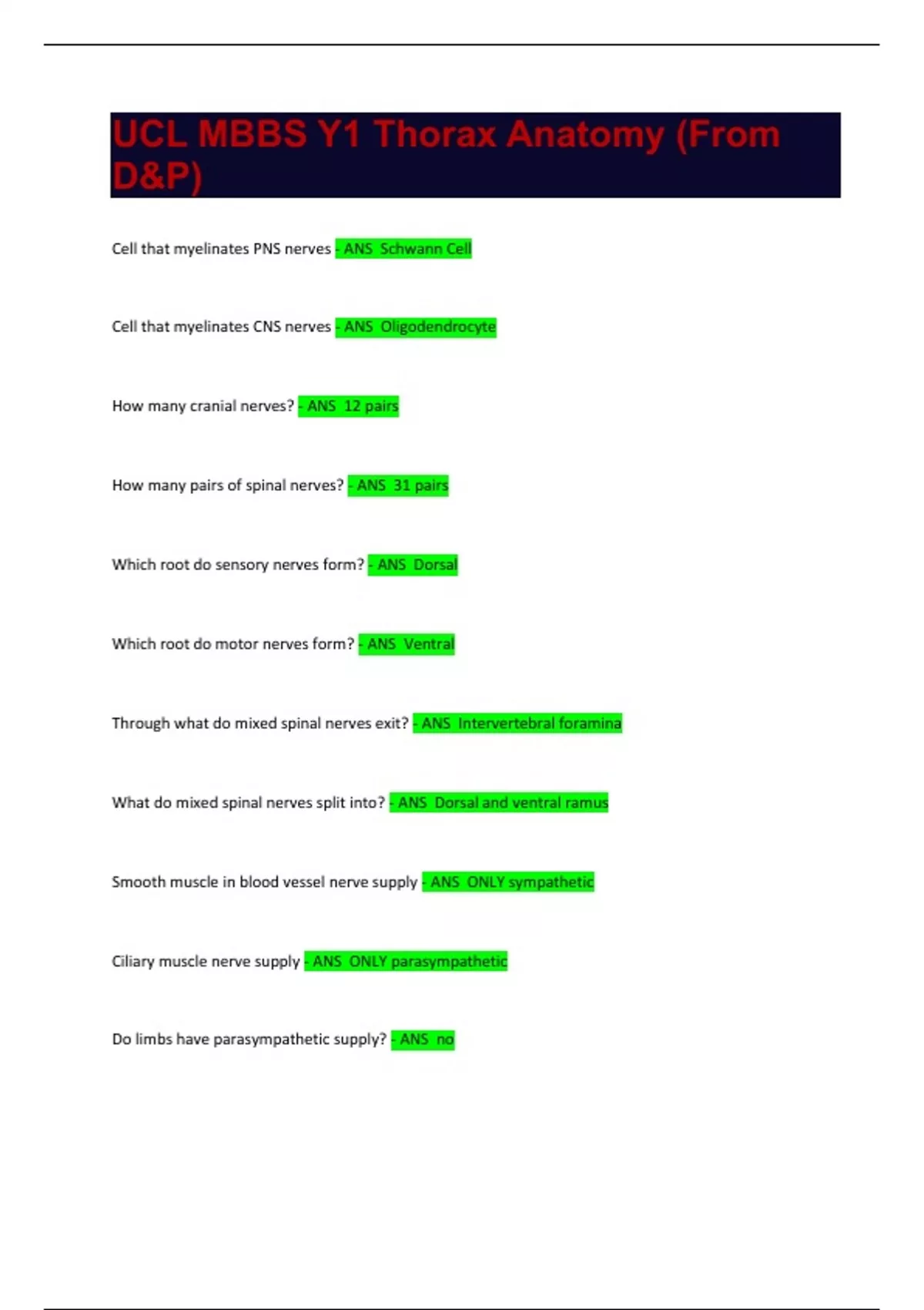 UCL MBBS Y1 Thorax Anatomy (From D&P) - Economics - Stuvia US