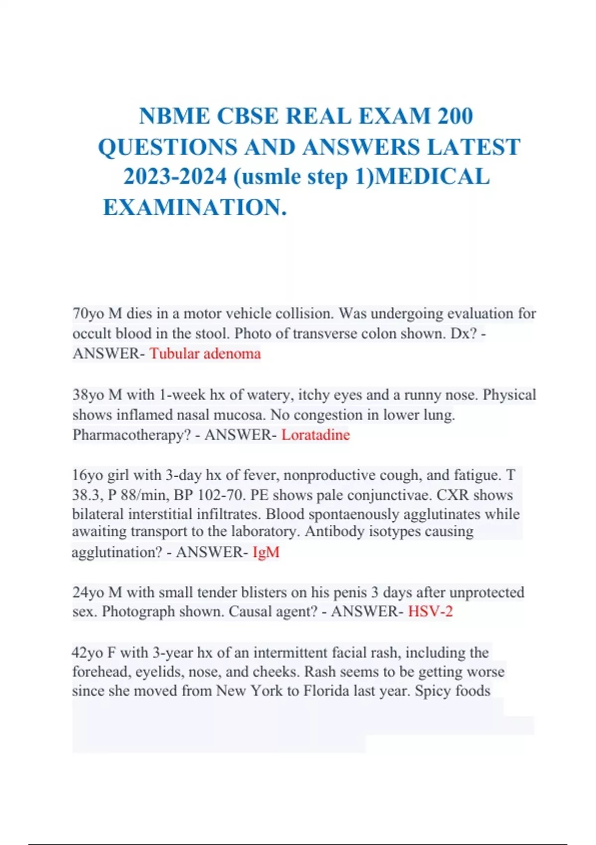 NBME CBSE REAL EXAM 200 QUESTIONS AND ANSWERS LATEST (usmle step 1 ...
