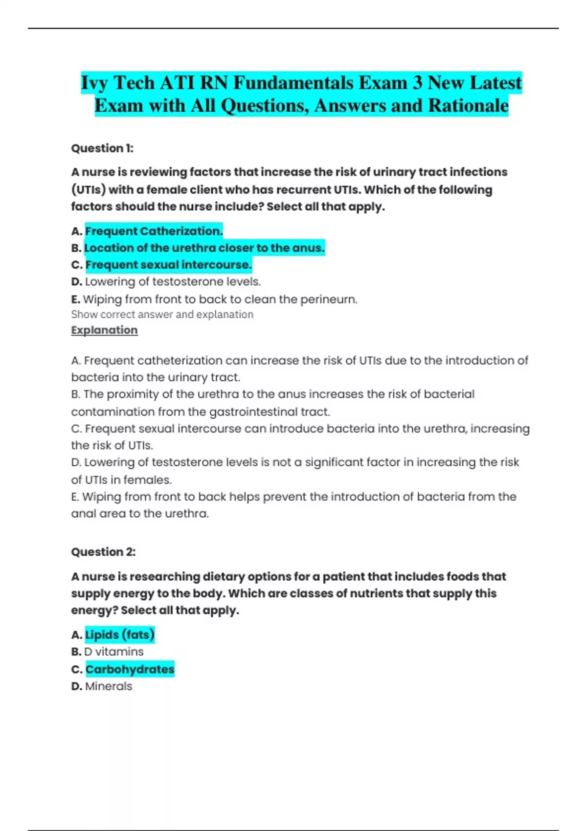 Ivy Tech ATI RN Fundamentals Exam 3 New Latest Exam with All Questions ...