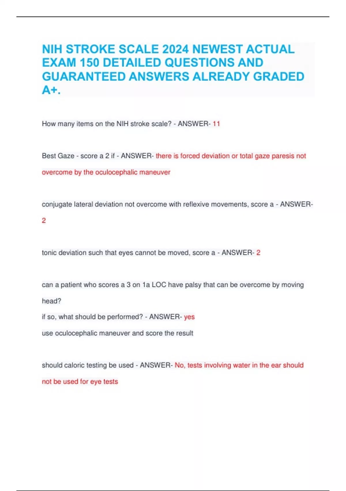 NIH STROKE SCALE 2024 NEWEST ACTUAL EXAM 150 DETAILED QUESTIONS AND ...