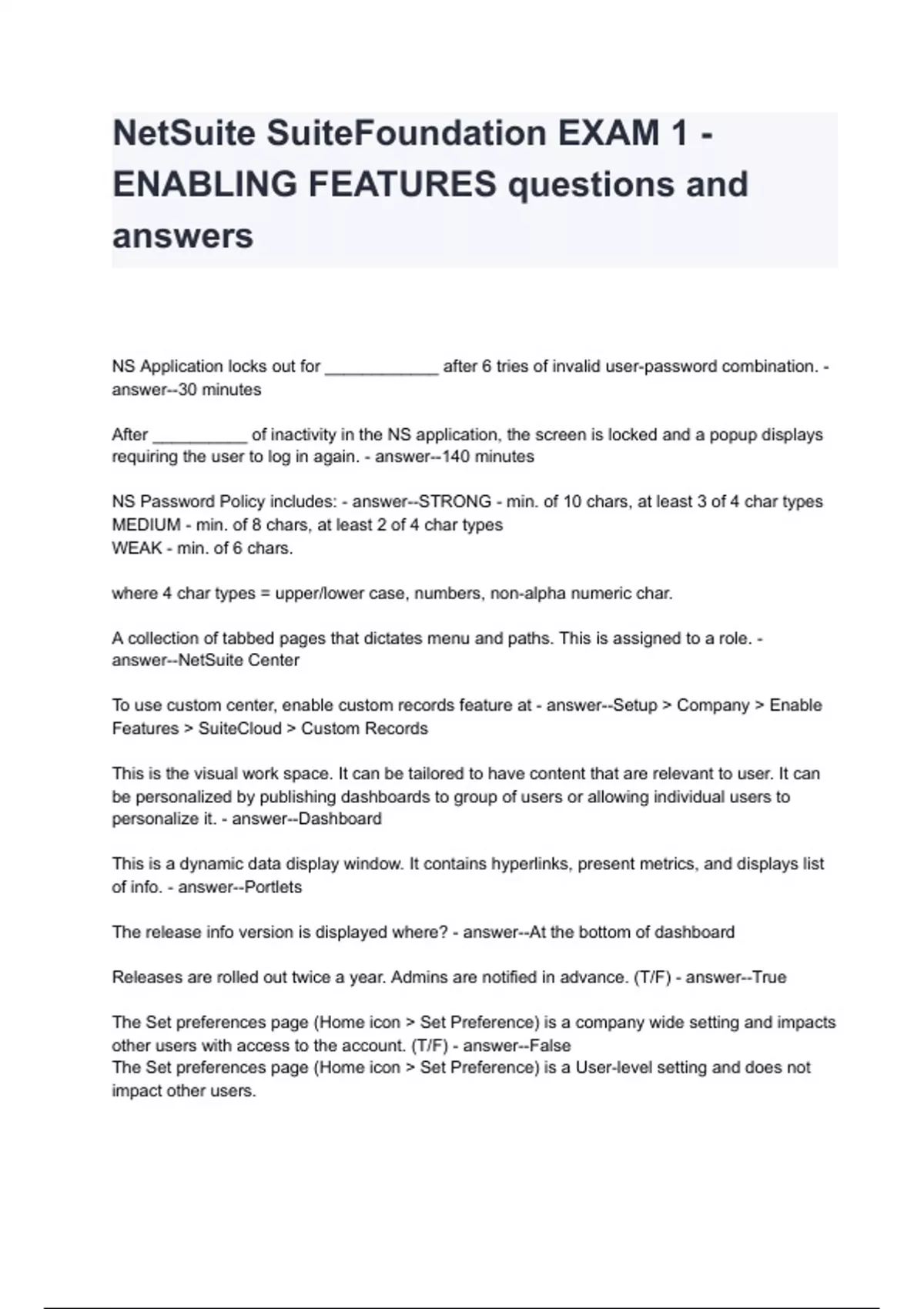 NetSuite SuiteFoundation EXAM 1 - ENABLING FEATURES questions and ...