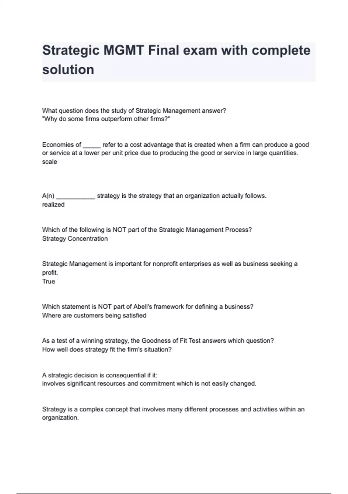 Strategic MGMT Final exam with complete solution - Strategic MGMT Fina ...
