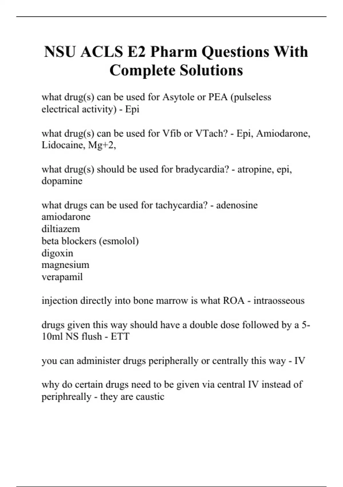 NSU ACLS E2 Pharm Questions With Complete Solutions - ACLS - Stuvia US