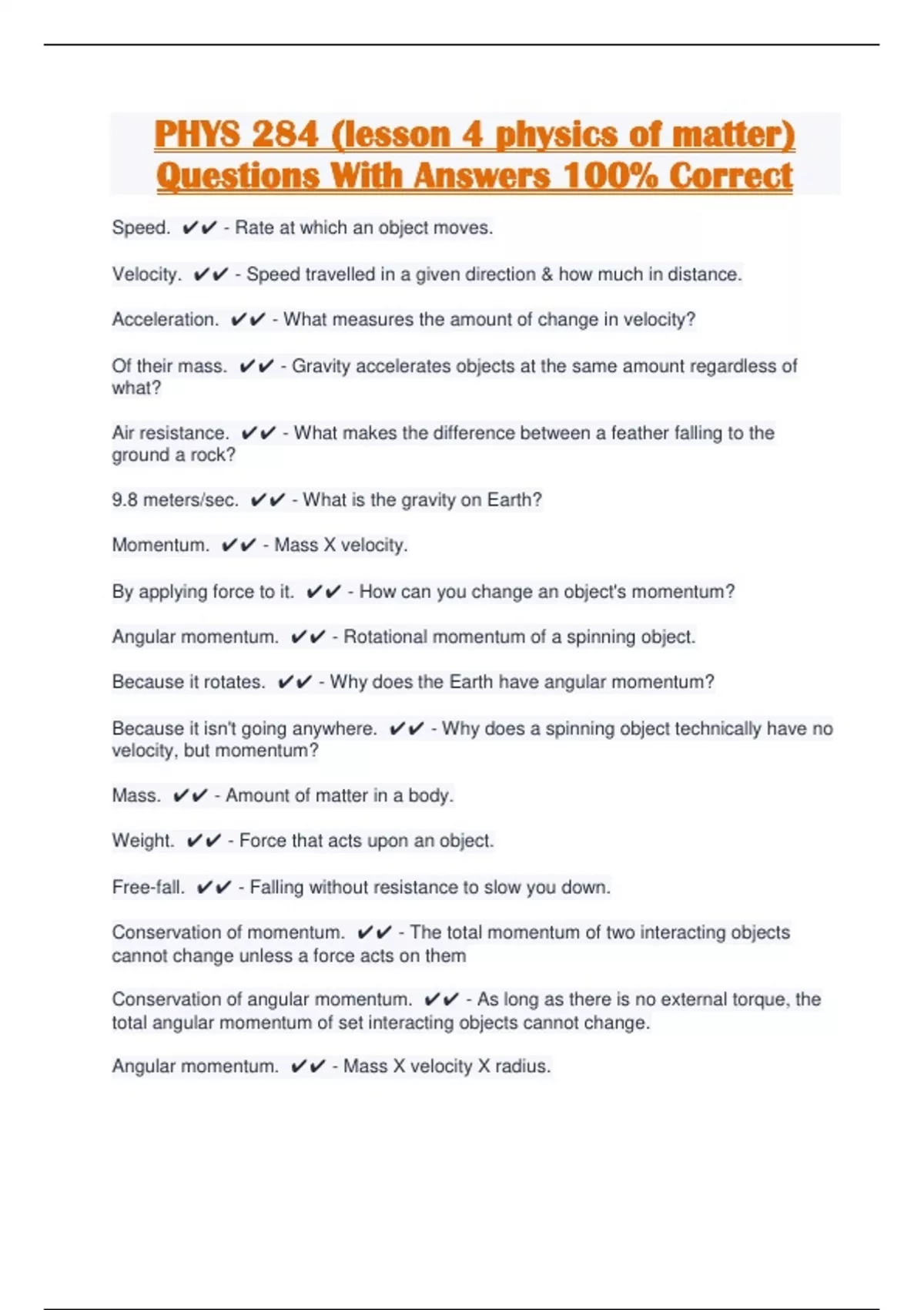 PHYS 284 (lesson 4 physics of matter) Questions With Answers 100% ...