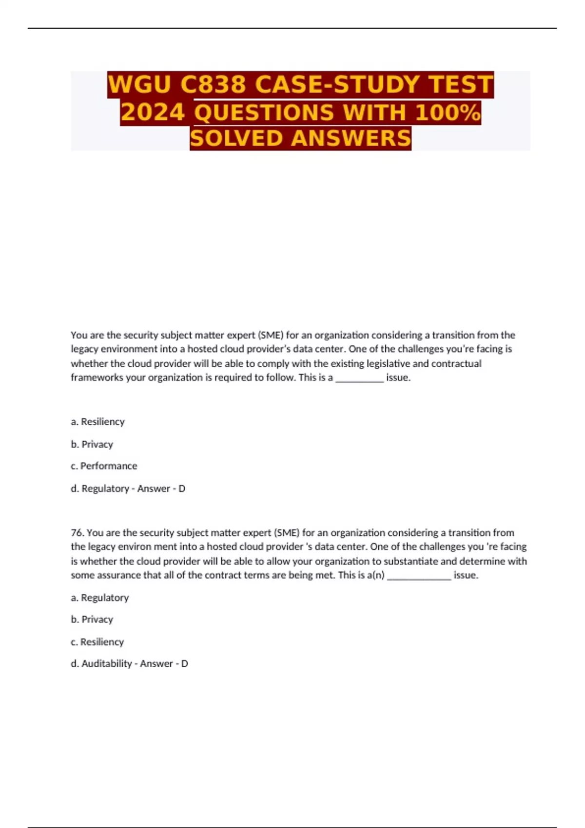 WGU C838 CASE-STUDY TEST 2024 QUESTIONS WITH 100% SOLVED ANSWERS - WGU ...