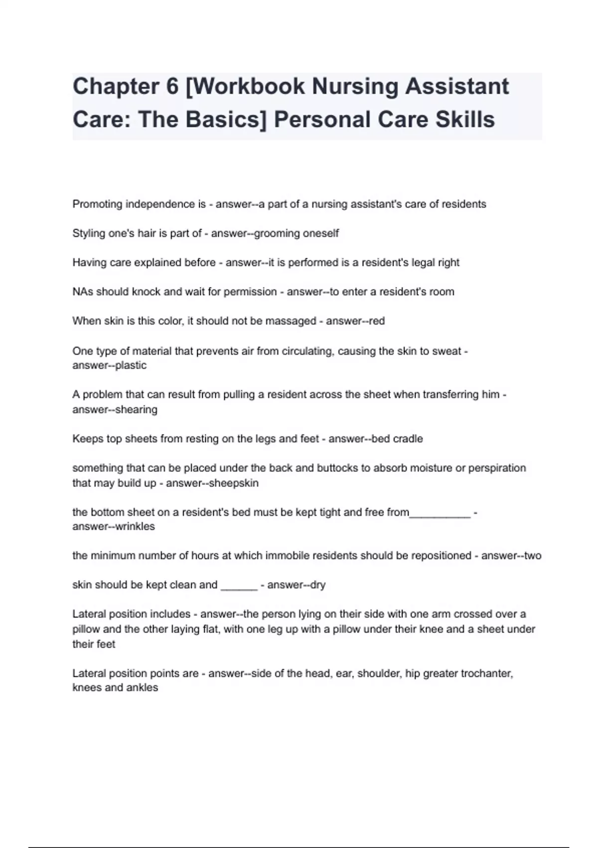 Chapter 6 [Workbook Nursing Assistant Care: The Basics] Personal Care Skills - Chapter 6 ...