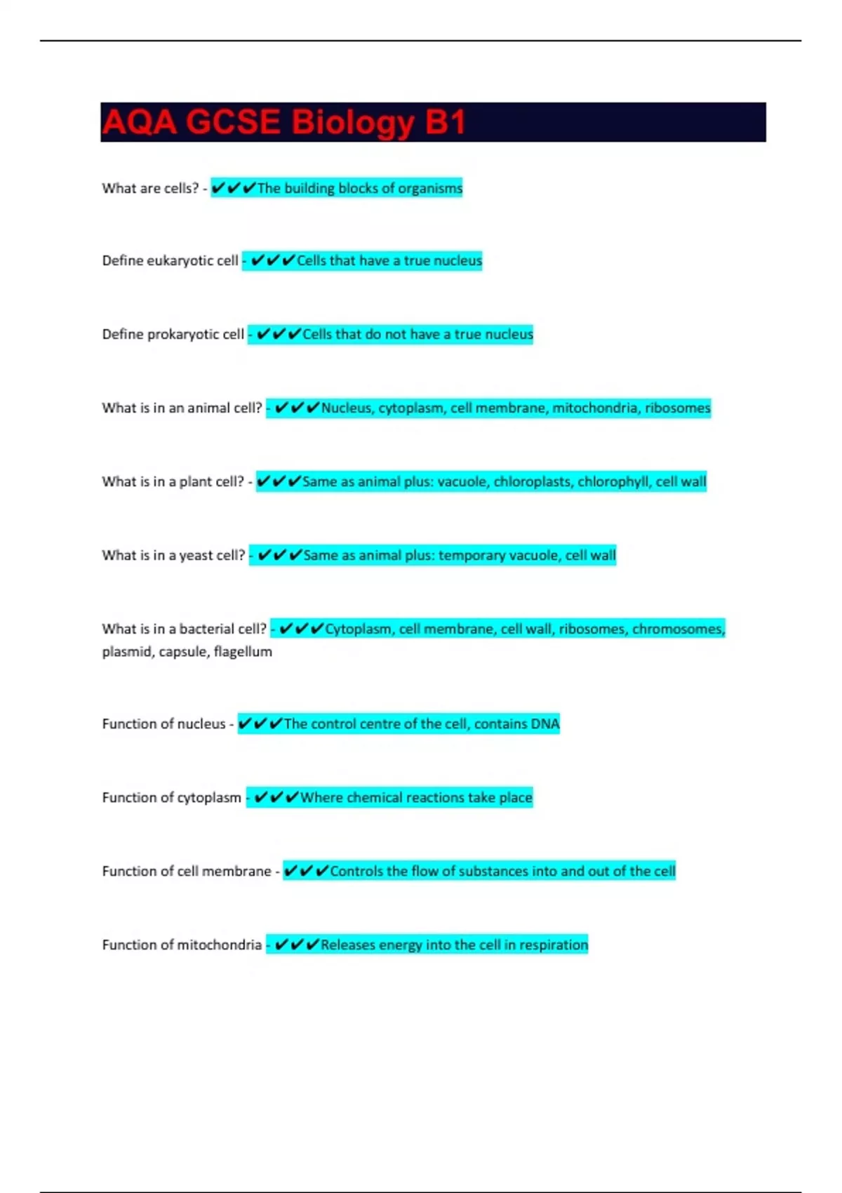 AQA GCSE Biology B1 - AQA - Stuvia US