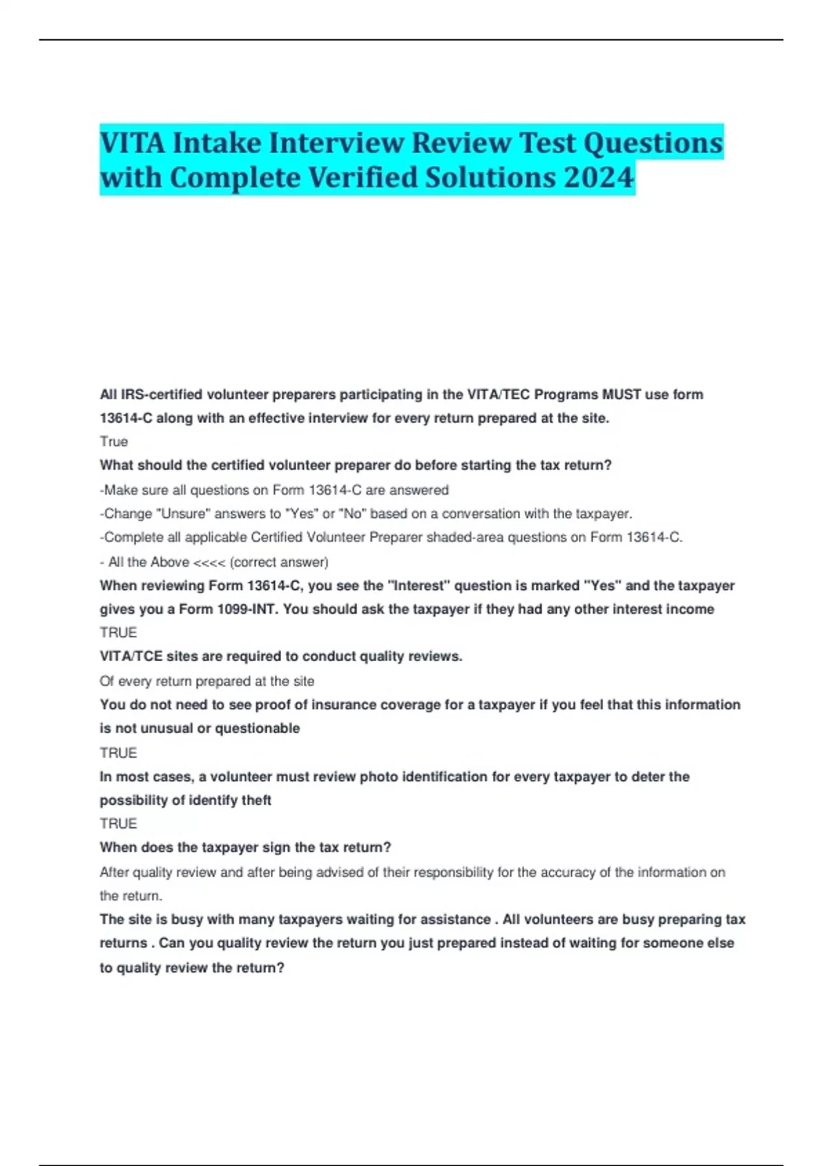 VITA Intake Interview Review Test Questions with Complete Verified ...