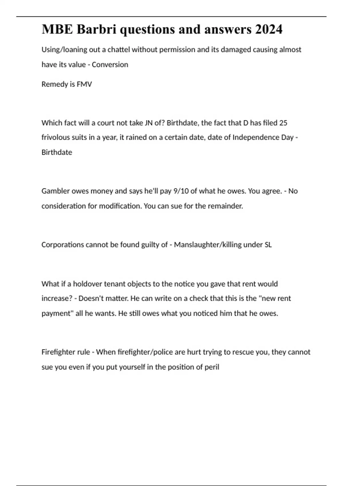 MBE Barbri questions and answers 2024 - MBE Barbri - Stuvia US