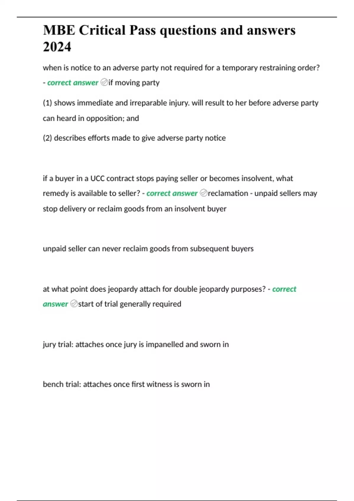 MBE Critical Pass questions and answers 2024 - MBE Critical - Stuvia US